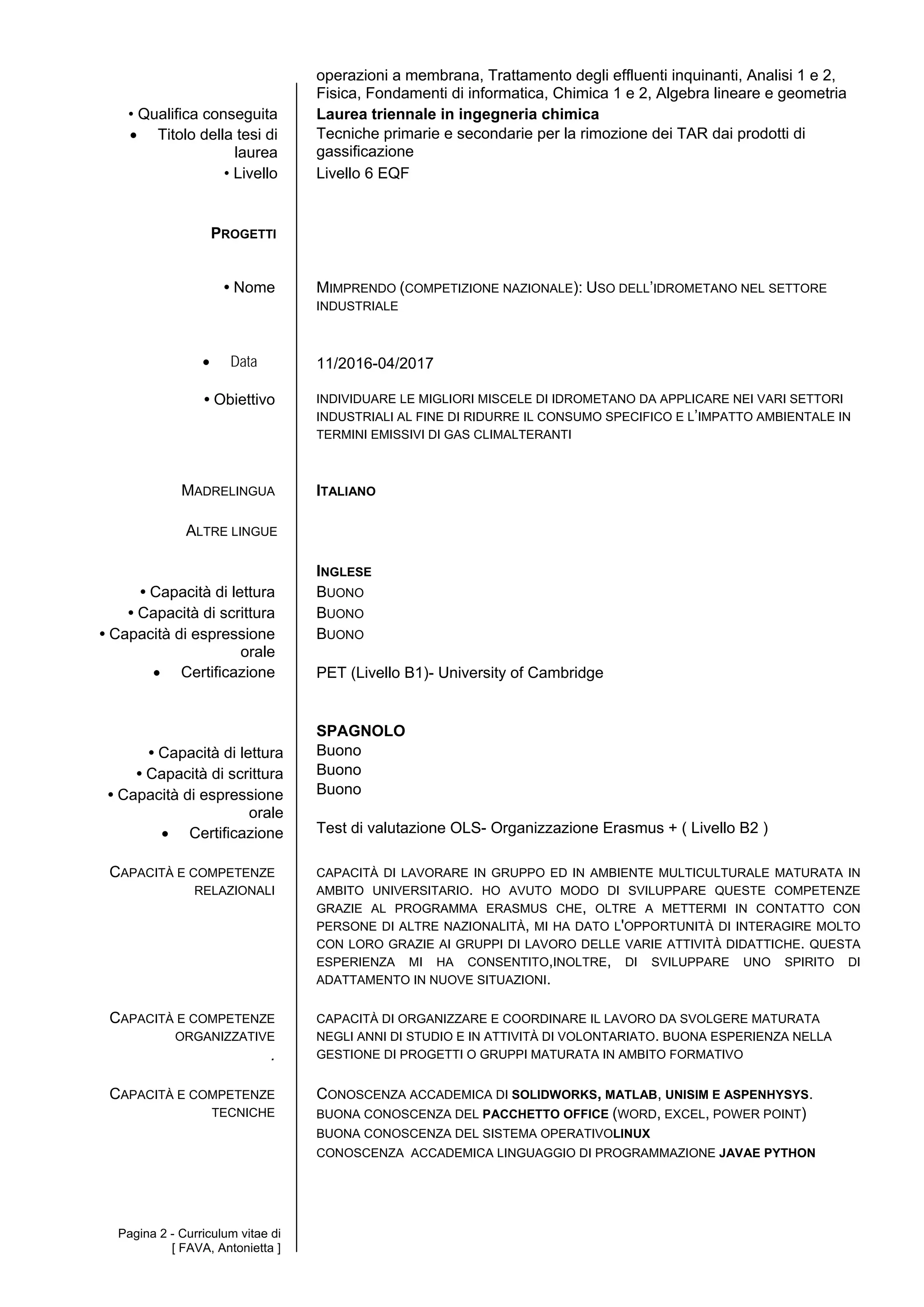 Curriculum vitae antonietta fava | PDF | Chemistry | Science