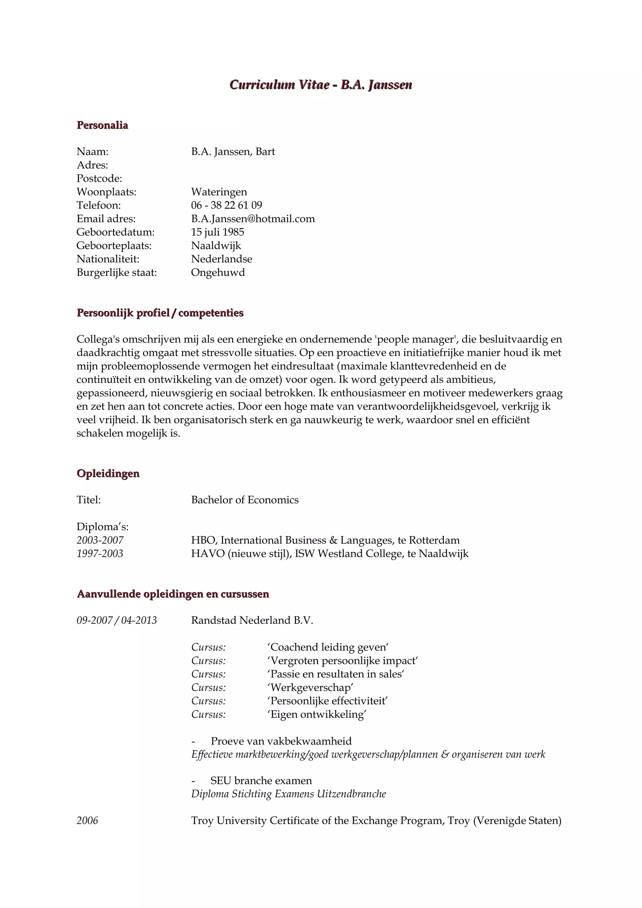 CV Bart Janssen, 2014. | DOC