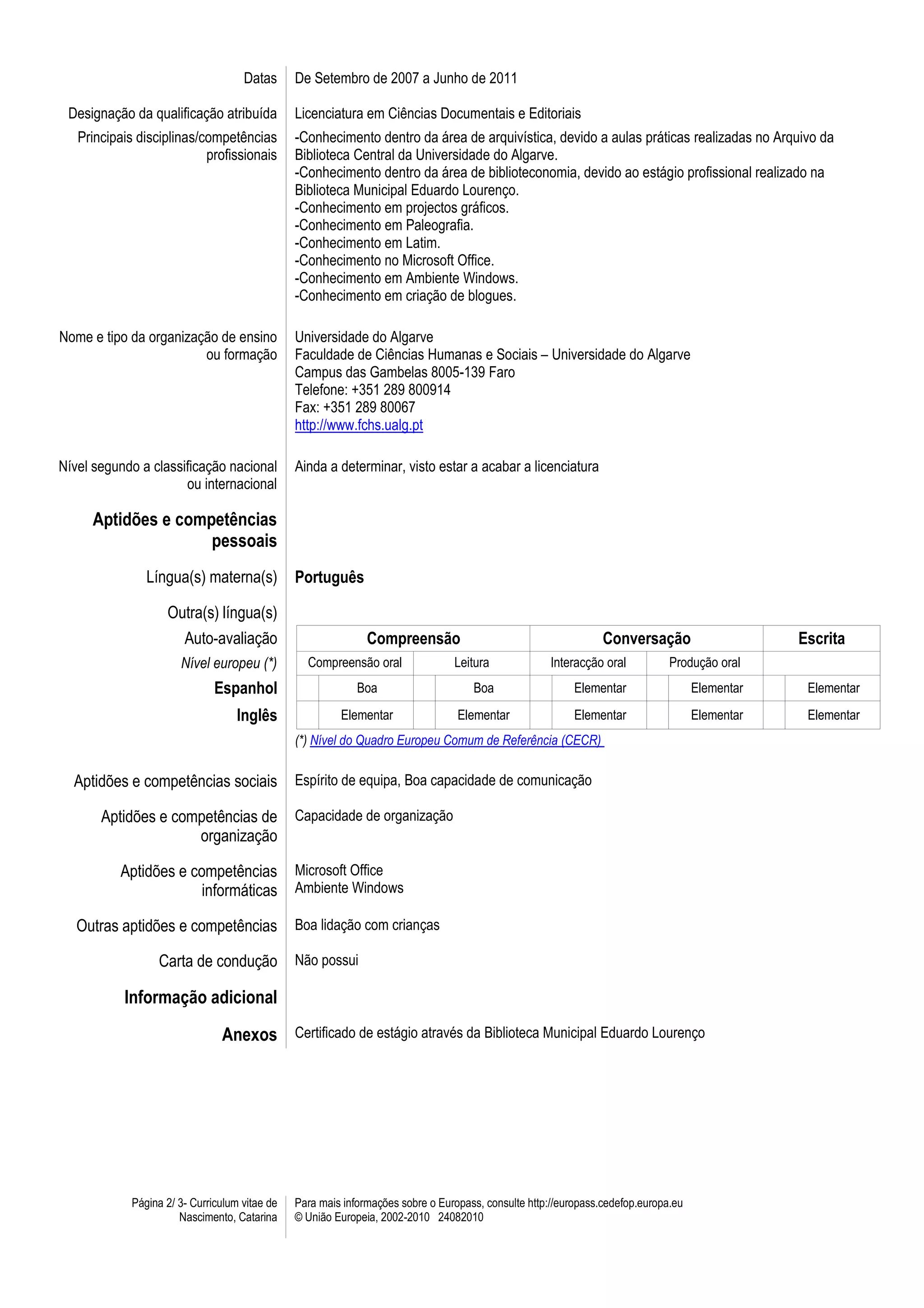 Curriculum Vitae Catarina Nascimento Pt | PDF