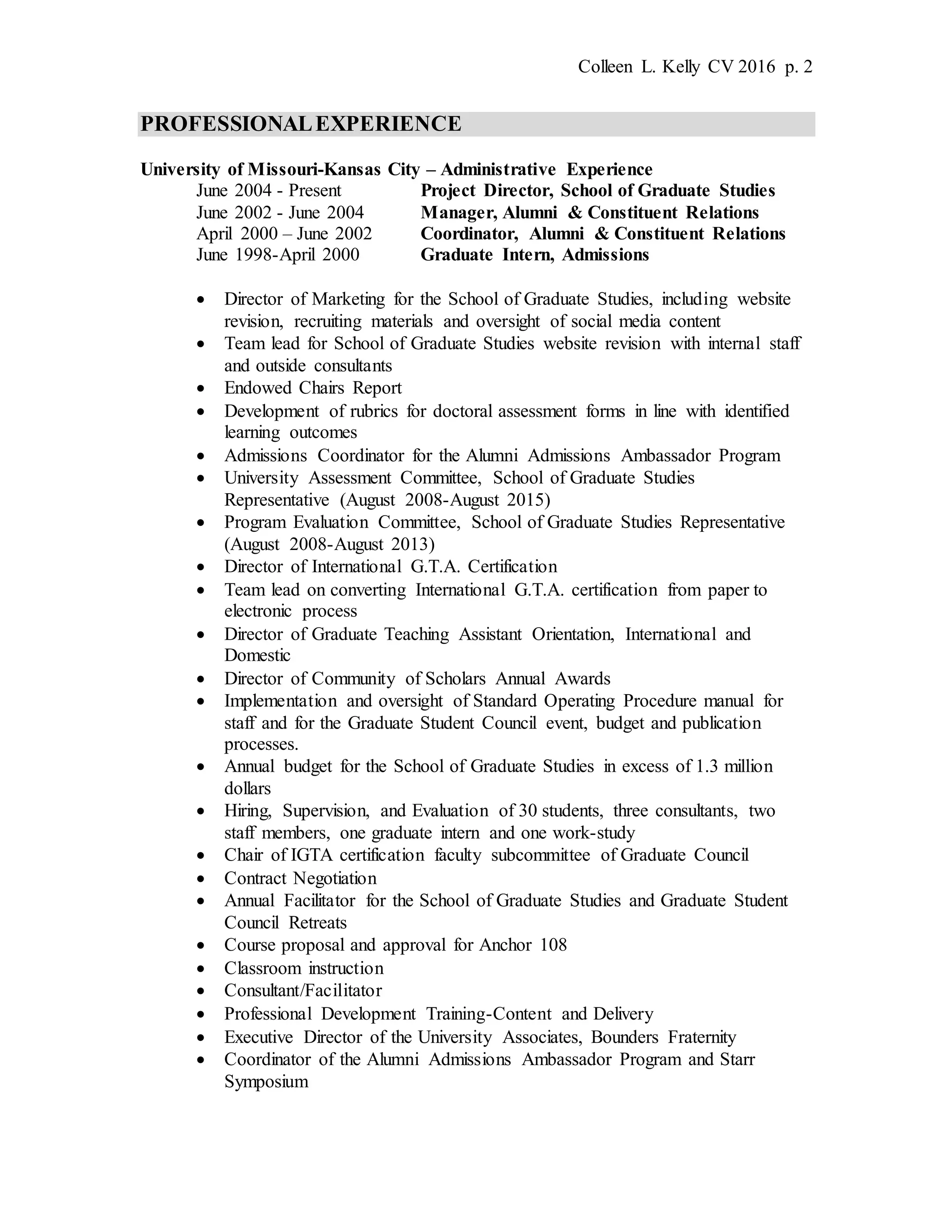 Curriculum Vitae Colleen Kelly 2016 | DOCX