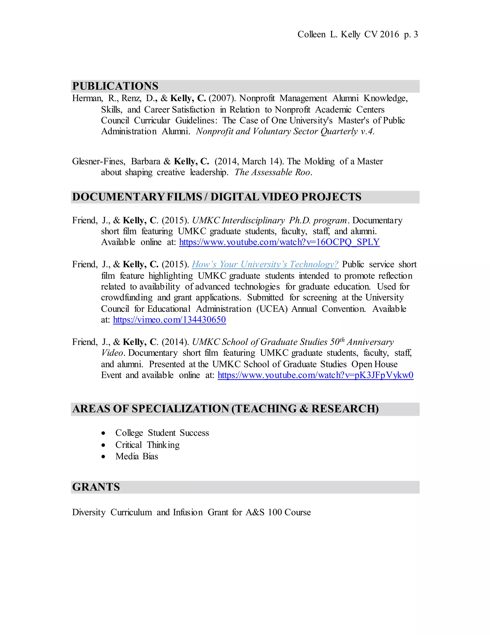 Curriculum Vitae Colleen Kelly 2016 | DOCX