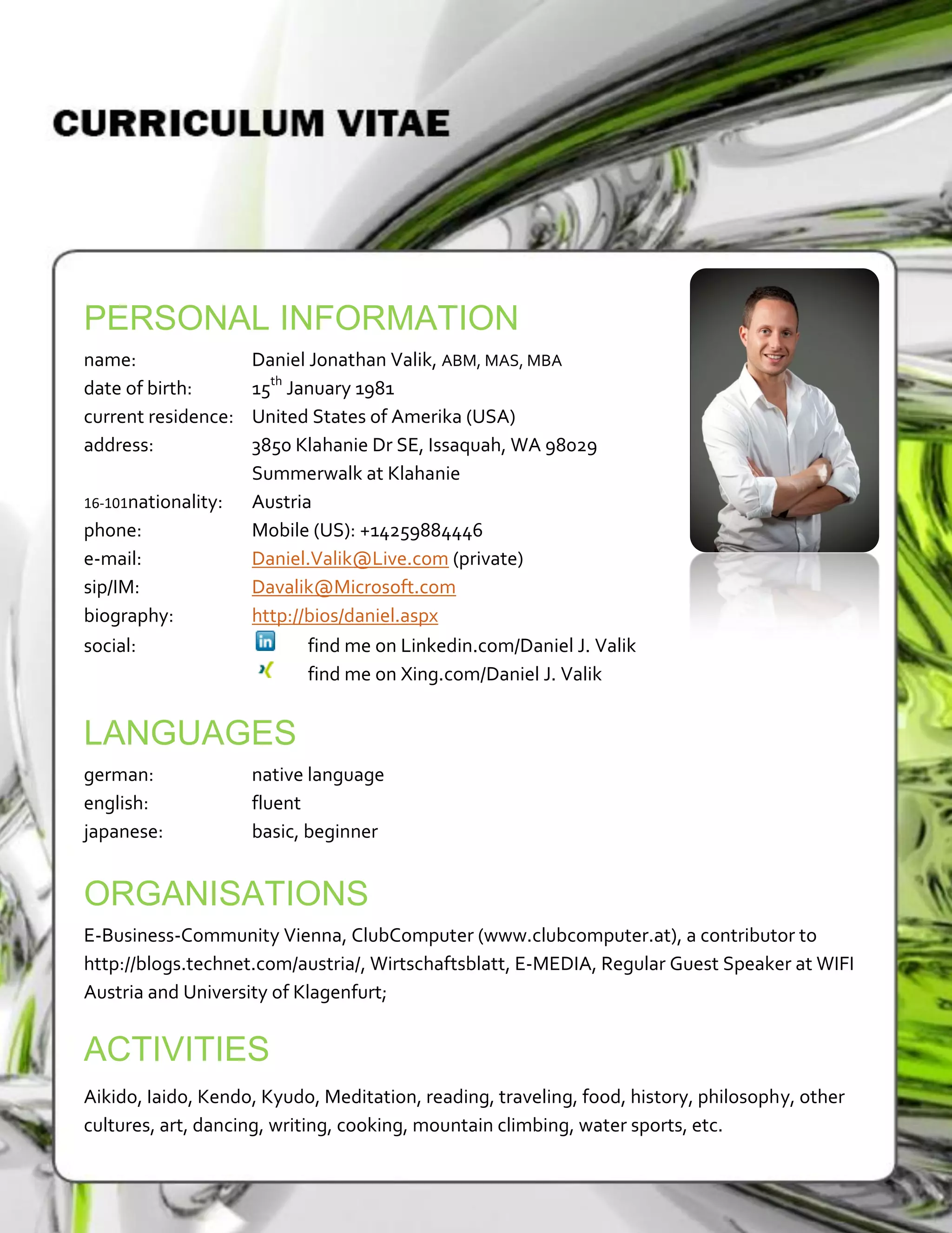 Curriculum Vitae Daniel Jonathan Valik International Version | PDF