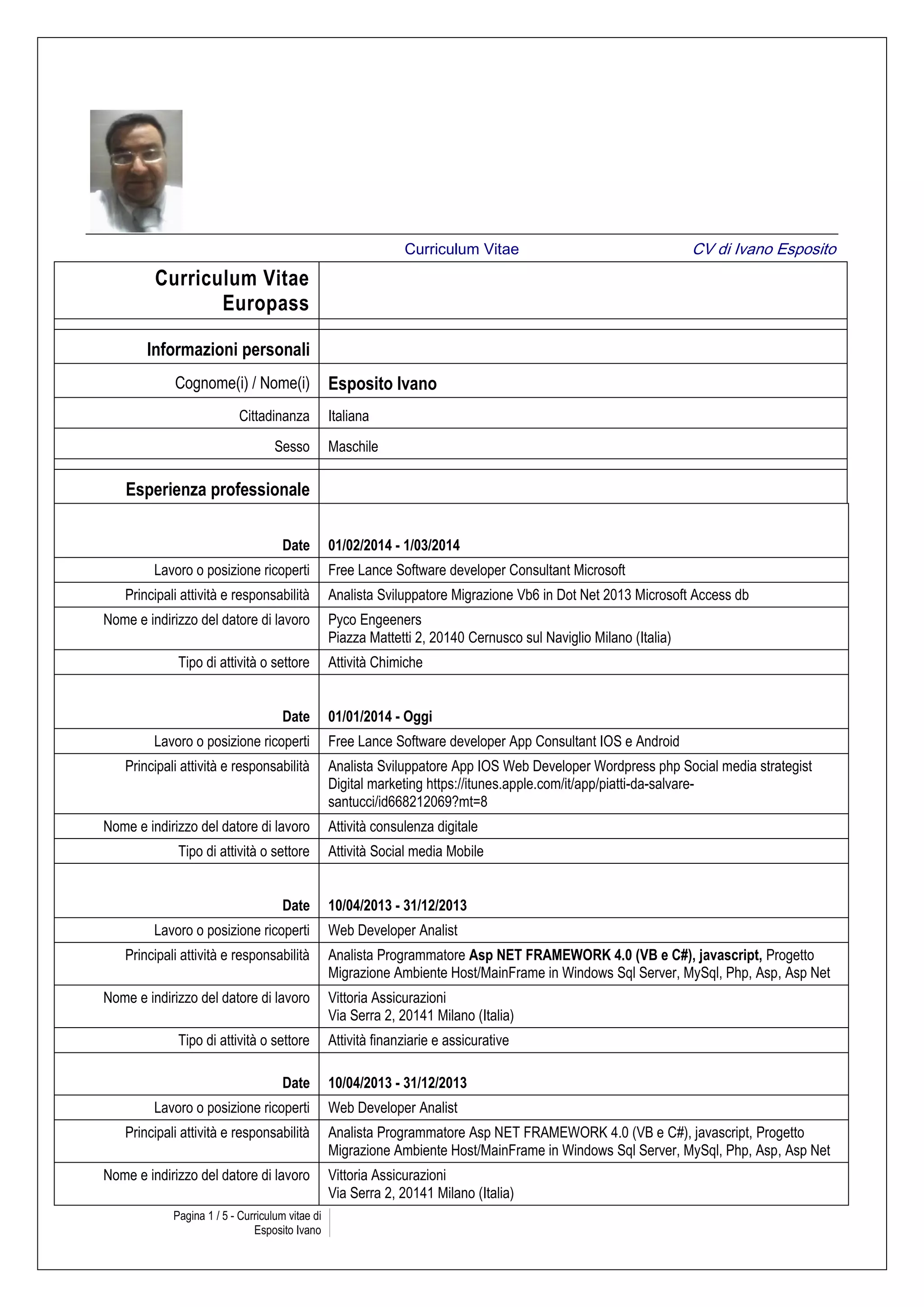 Curriculum vitae di ivano esposito (2014) | PDF