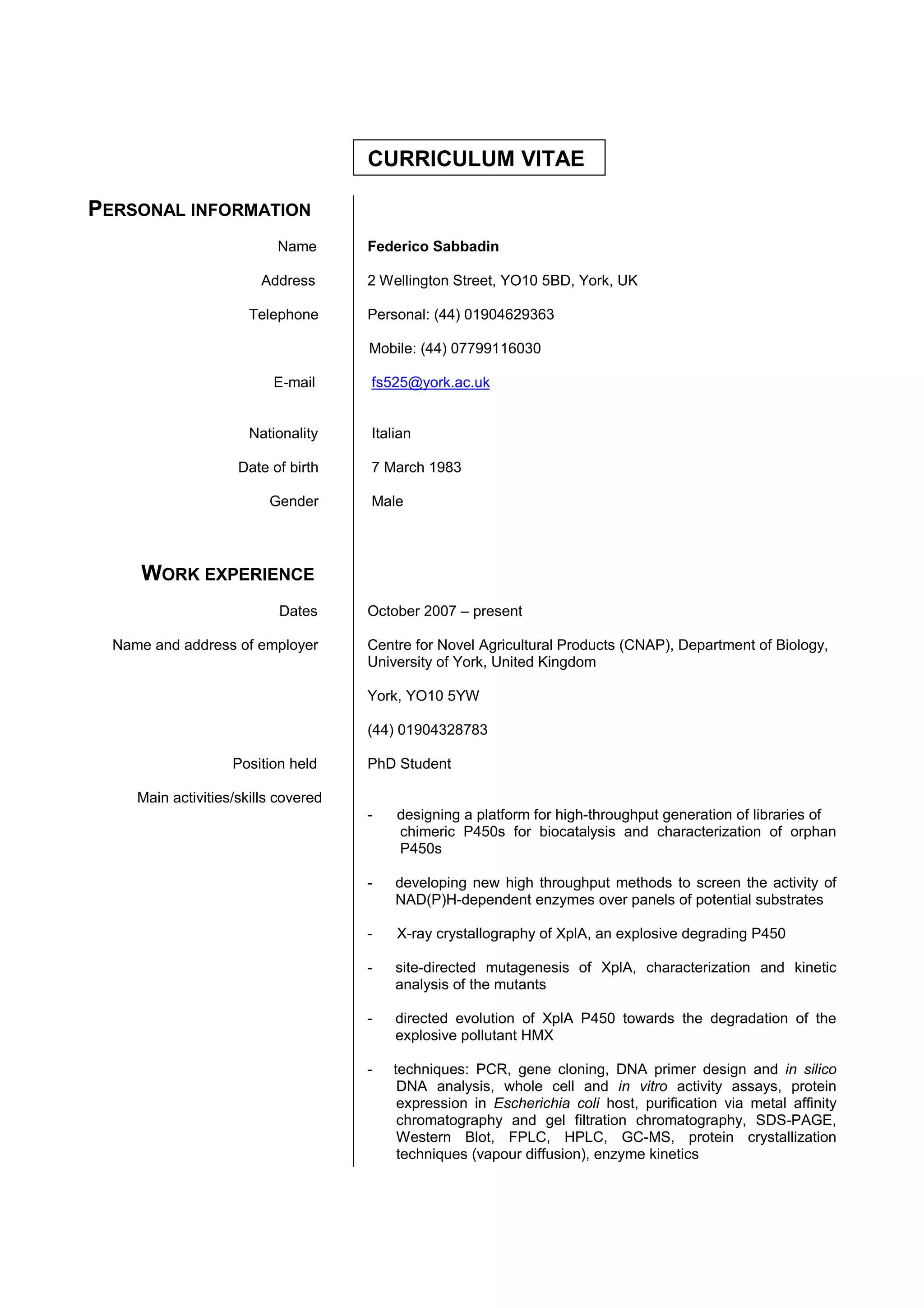 Curriculum vitae federico sabbadin | PDF