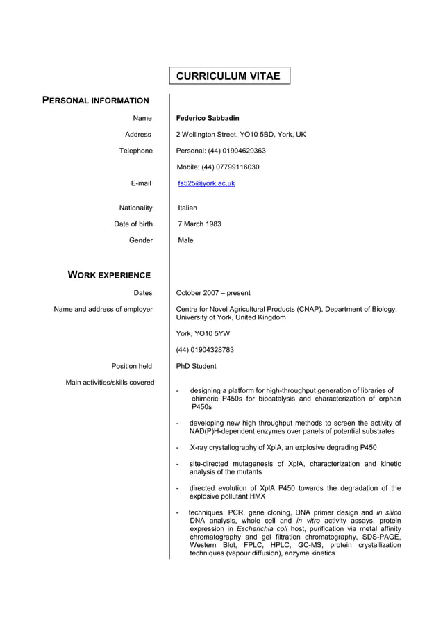 Curriculum vitae federico sabbadin | PDF | Chemistry | Science