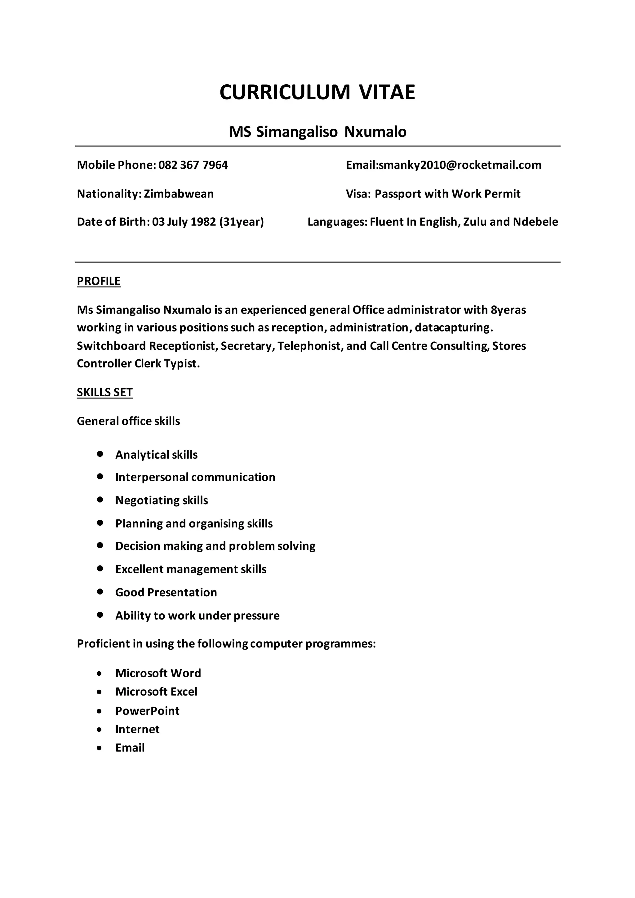 Curriculum vitae for simangaliso nxumalo | DOCX