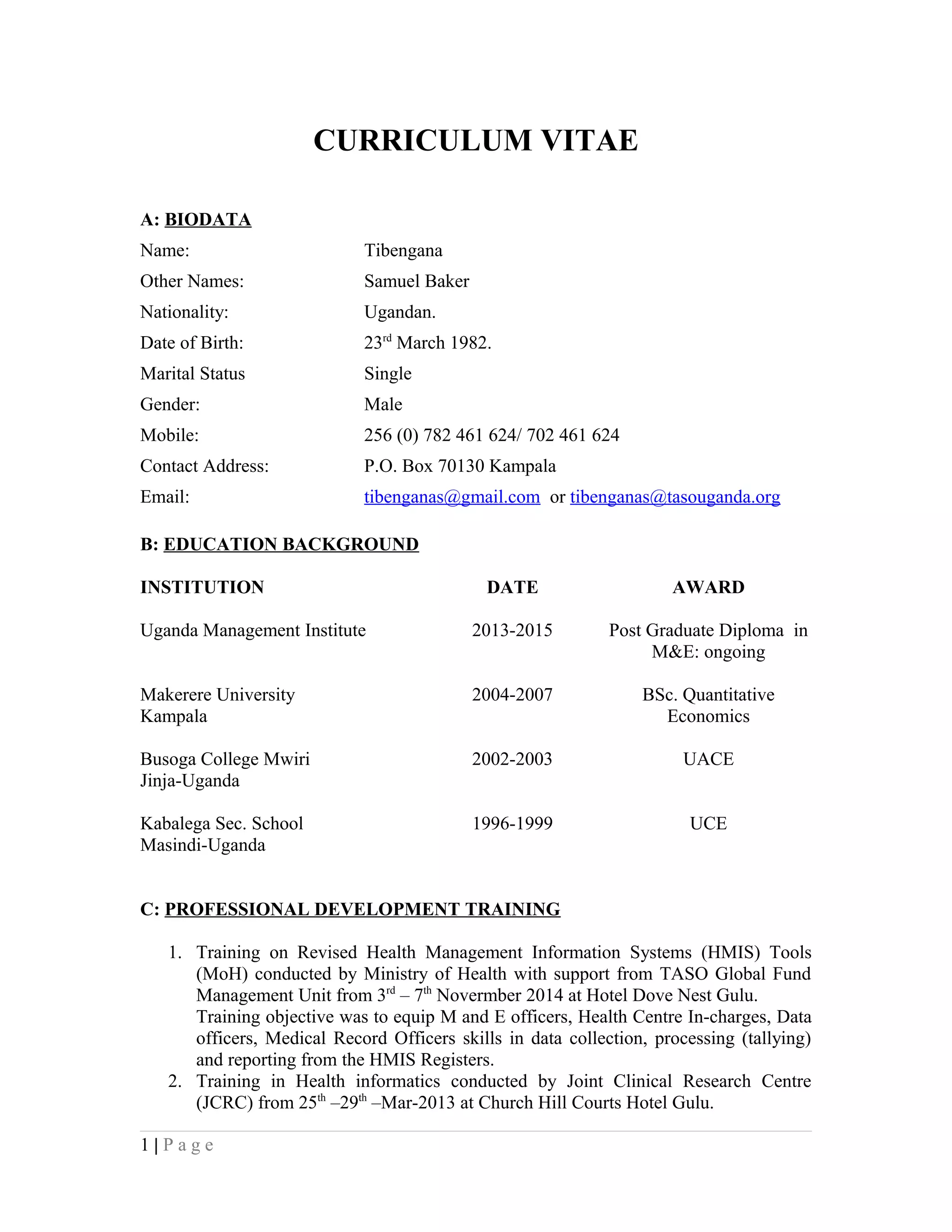 Curriculum vitae for tibengana sam baker 2015 | DOC