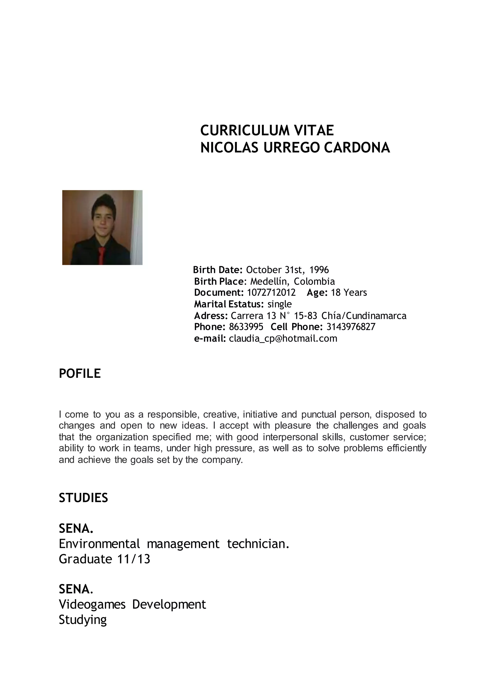 Curriculum vitae nicolas urrego | DOCX | Daycare and Pre-School | Parenting