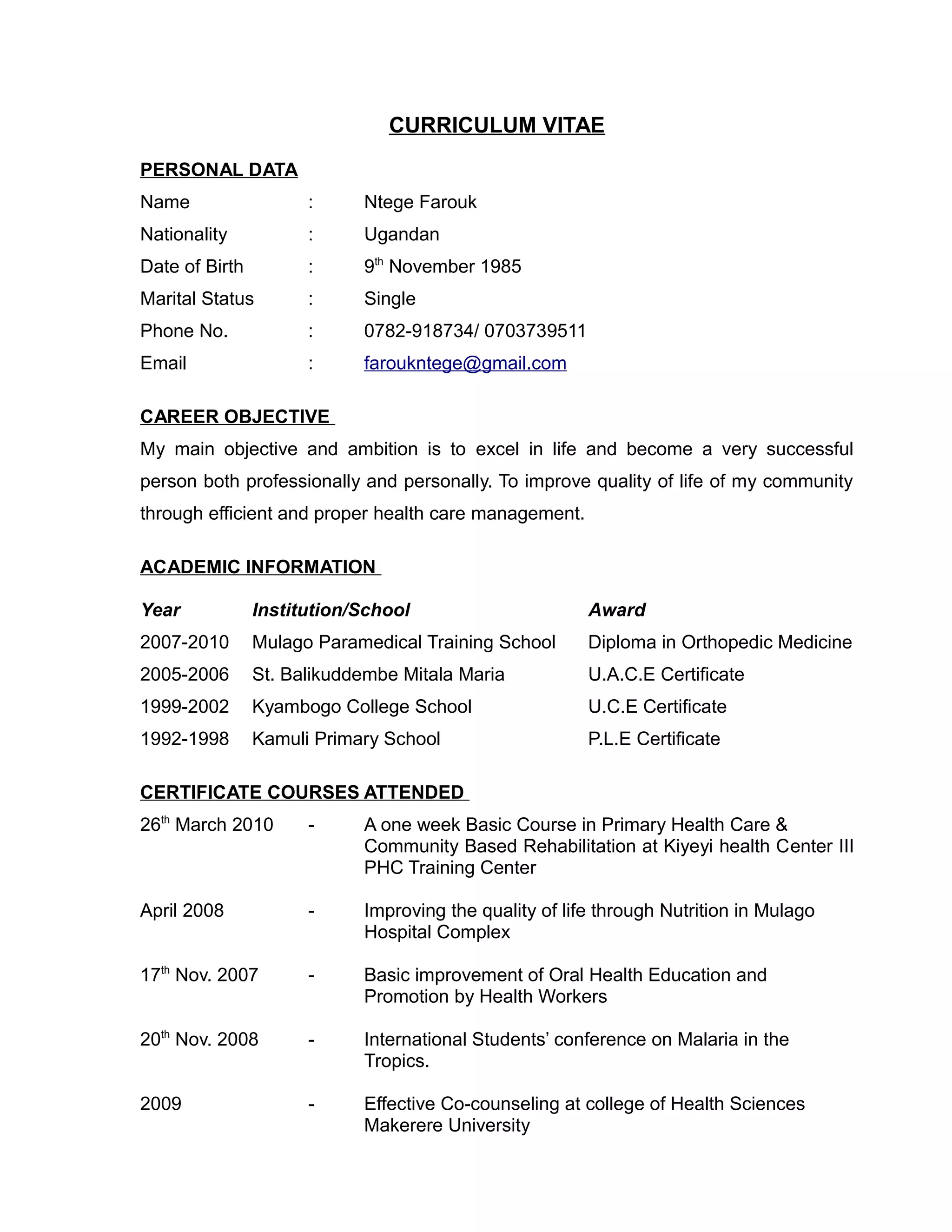 Curriculumvitae ntegefarouk | DOC