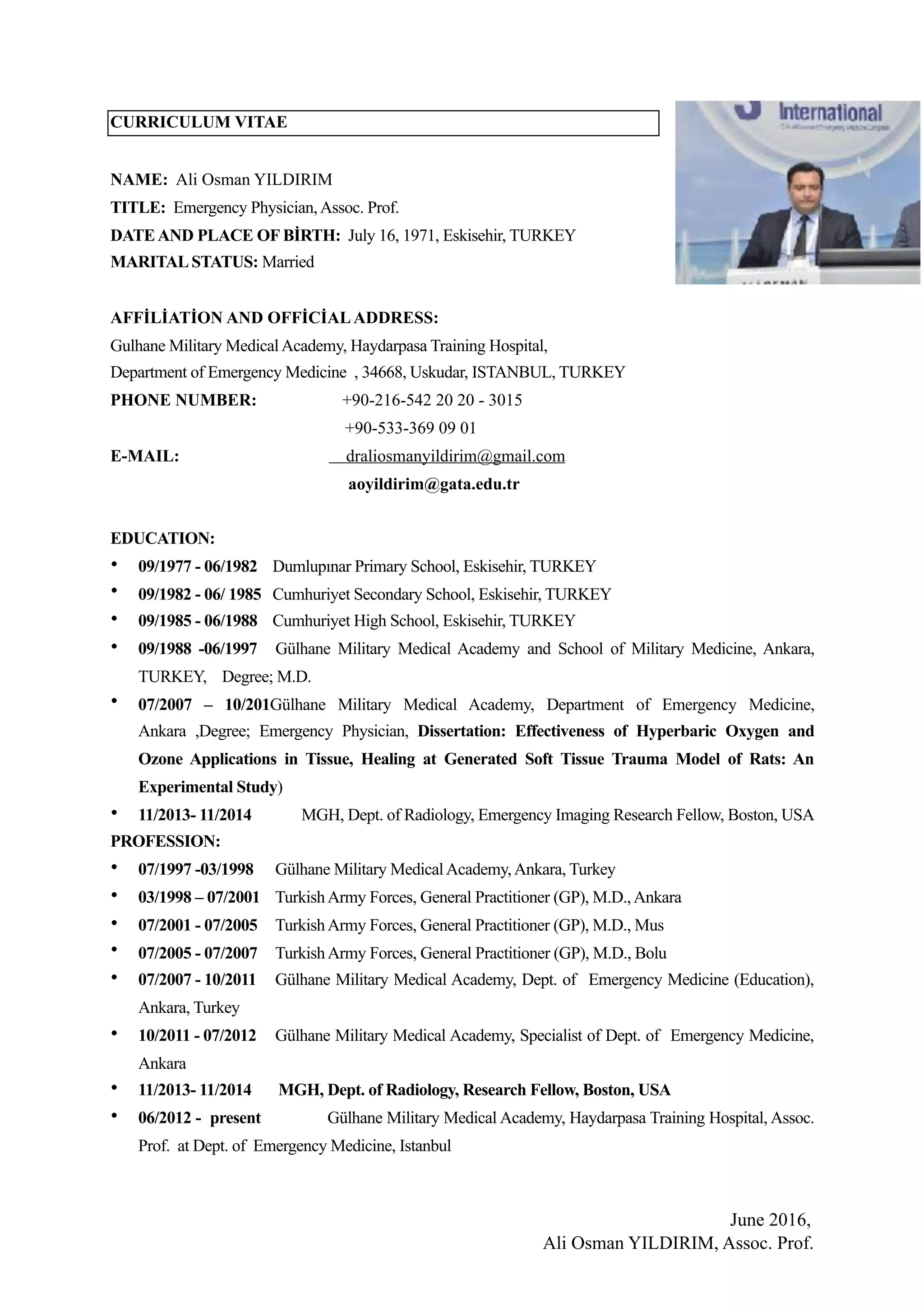 Curriculum vitae of ali osman yildirim june 2016 | PDF