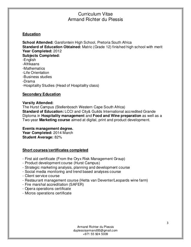 Curriculum Vitae of Armand Richter du Plessis