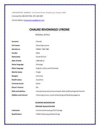 Curriculum vitae of chauke rivoningo lyrone rl | DOCX