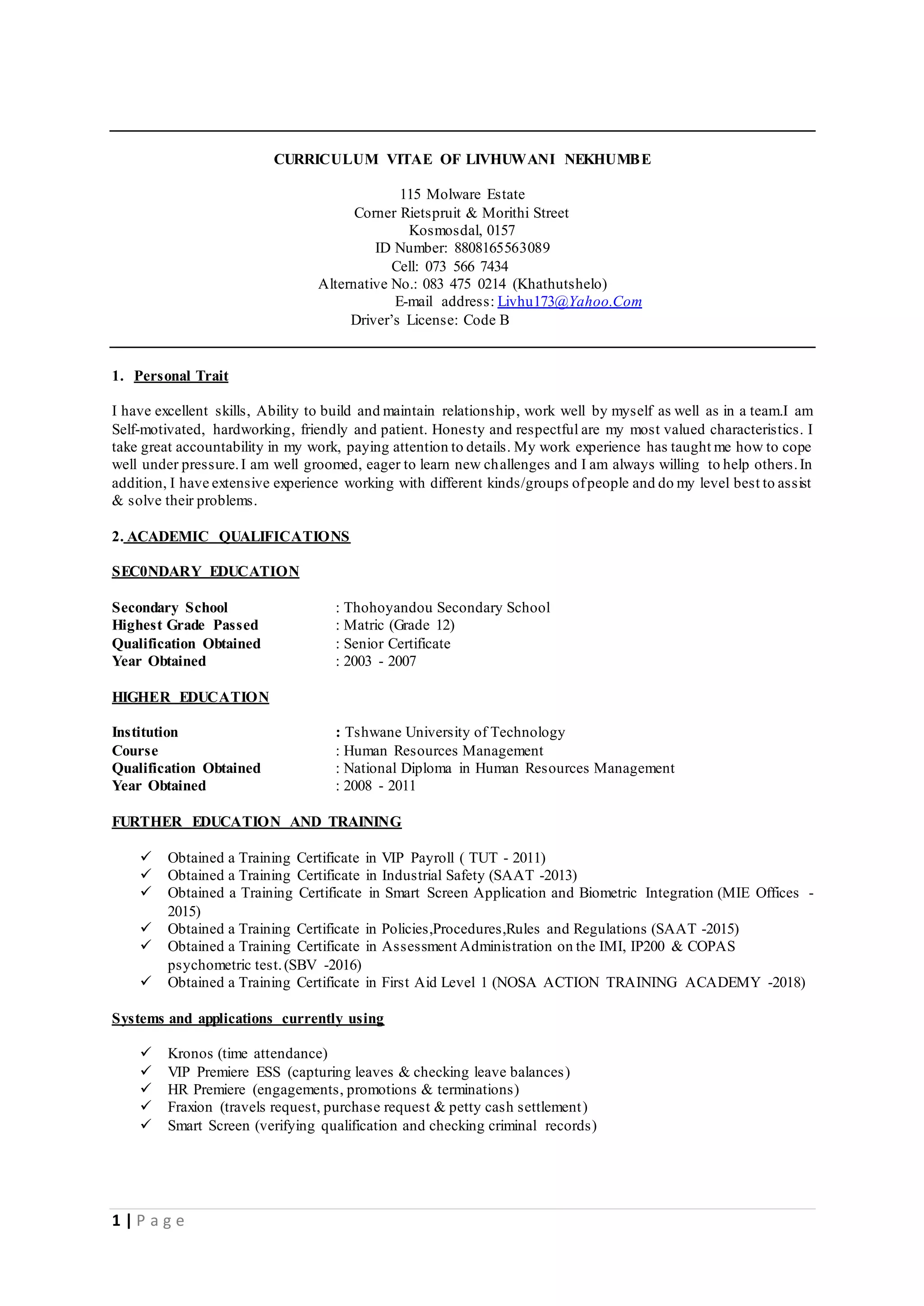 Curriculum vitae of livhuwani nekhumbe 2018 | DOCX