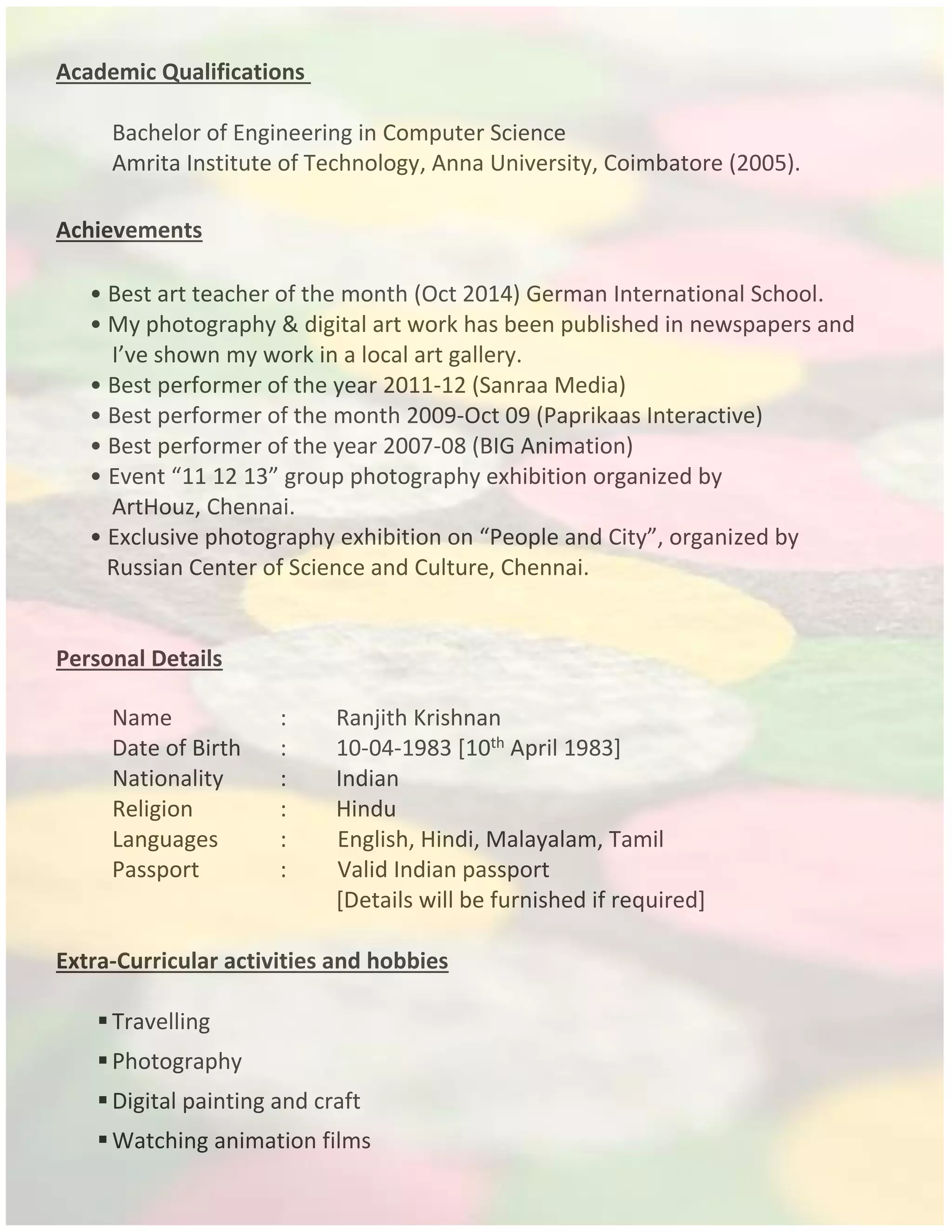 Curriculum vitae ranjith | PDF | Photography | Arts and Crafts