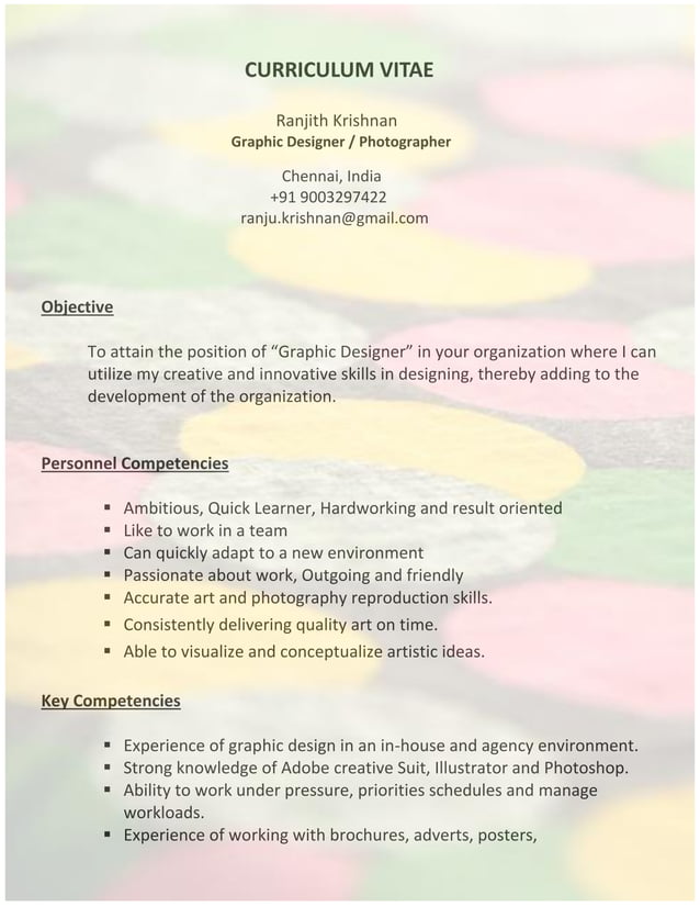 Curriculum vitae ranjith | PDF | Photography | Arts and Crafts