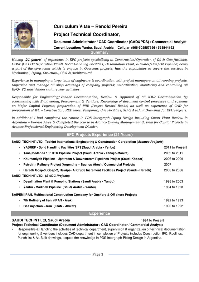 Curriculum Vitae Renold Pereira Ptc | PDF | Civil Engineering Industry | Industries