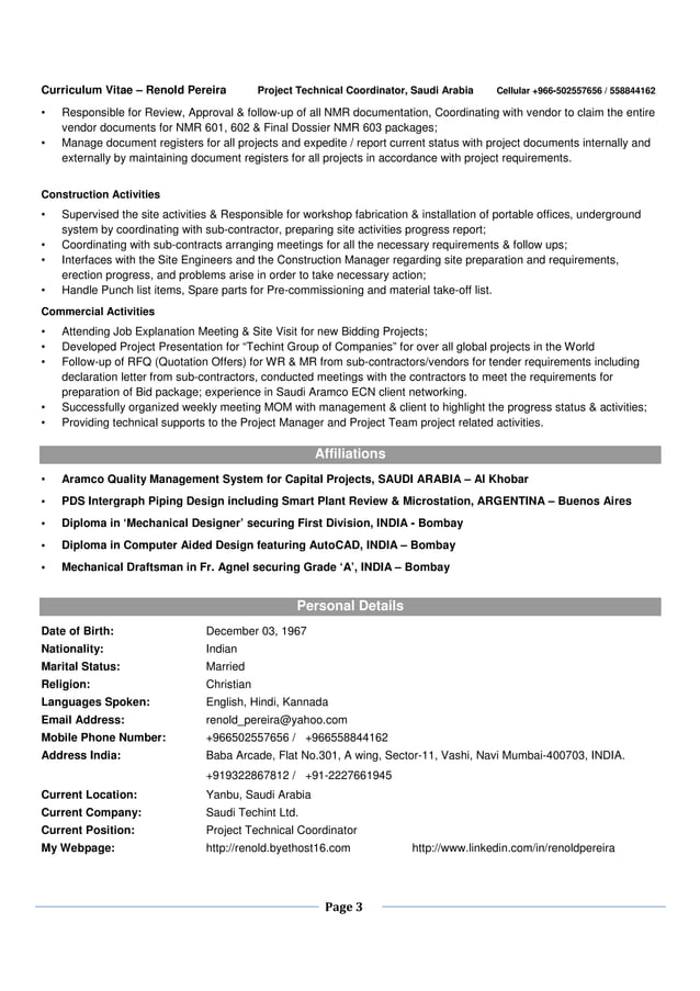 Curriculum Vitae Renold Pereira Ptc | PDF | Civil Engineering Industry | Industries