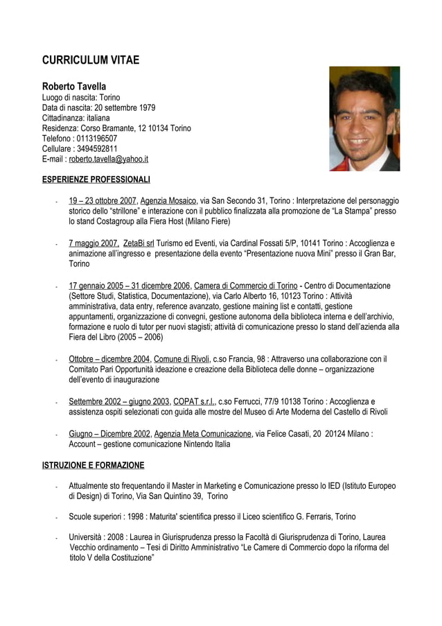 Curriculum Vitae Roberto Tavella | PDF