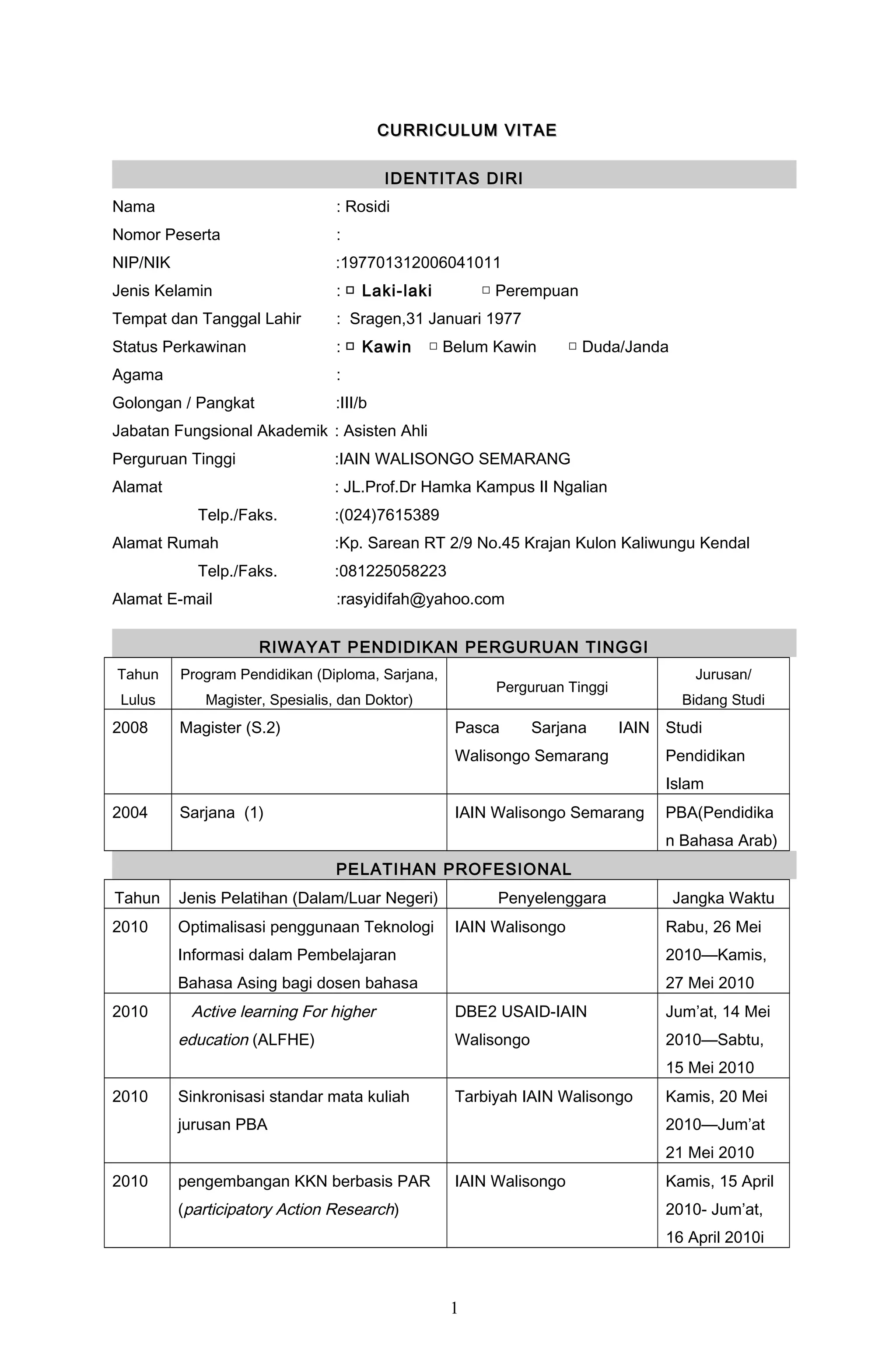 Curriculum vitae rosidi 2010 | PDF