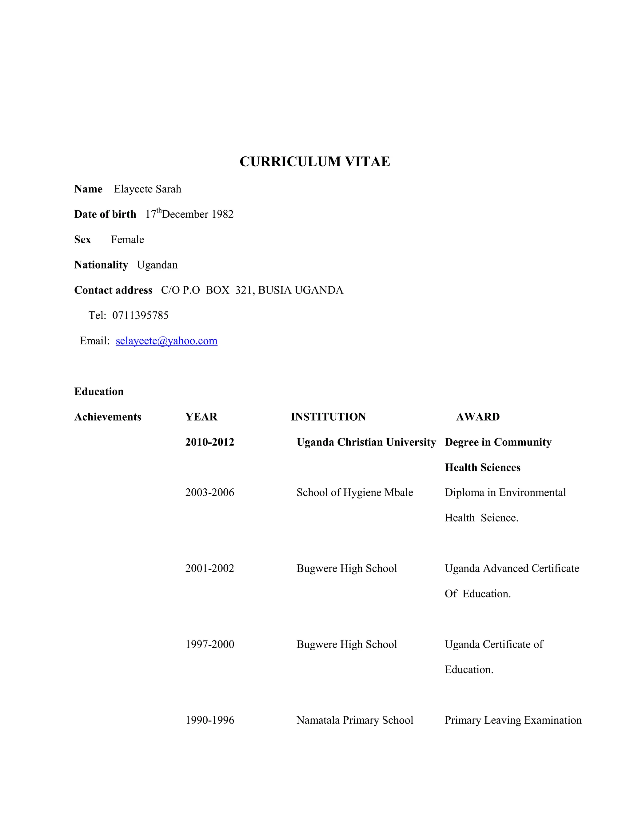 Curriculum vitae sarah | PDF