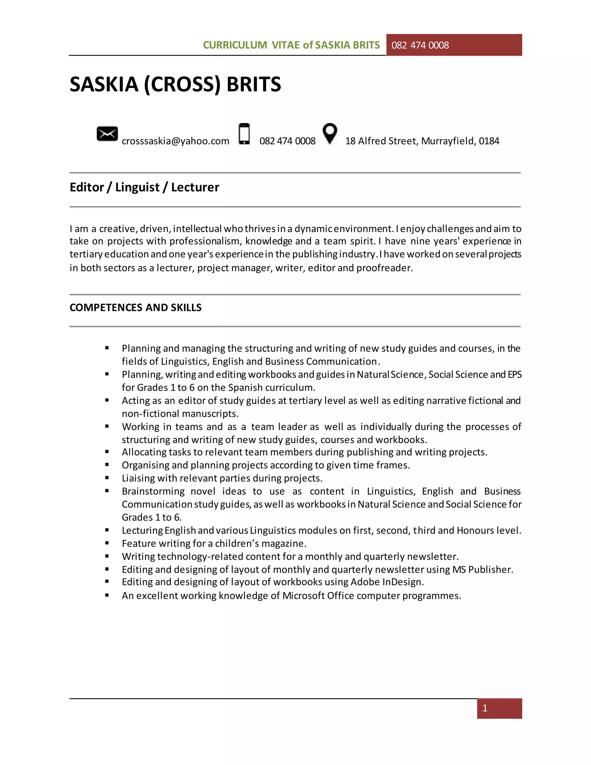 Curriculum vitae Saskia Brits | DOCX