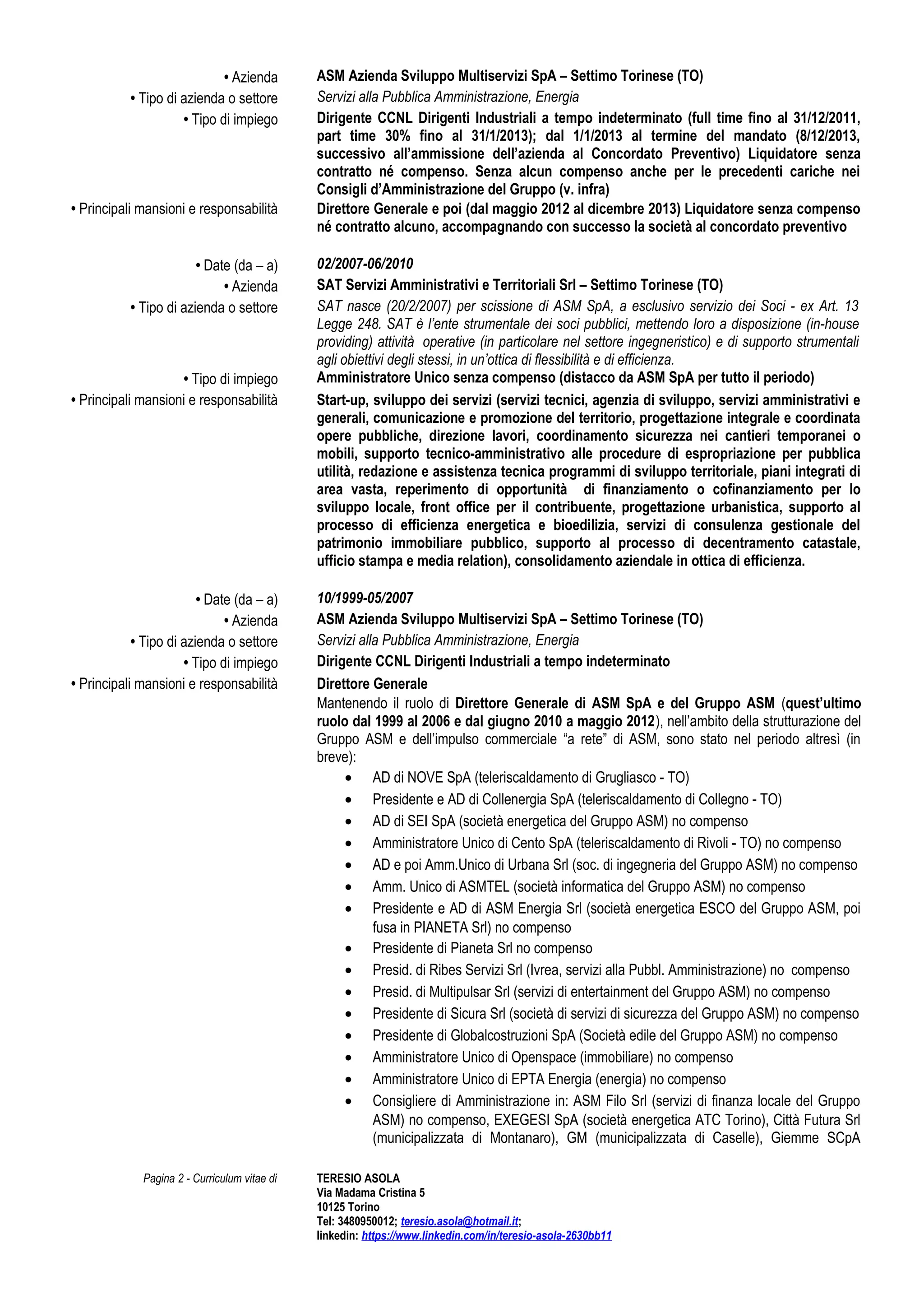 Curriculum vitae Teresio Asola | PDF