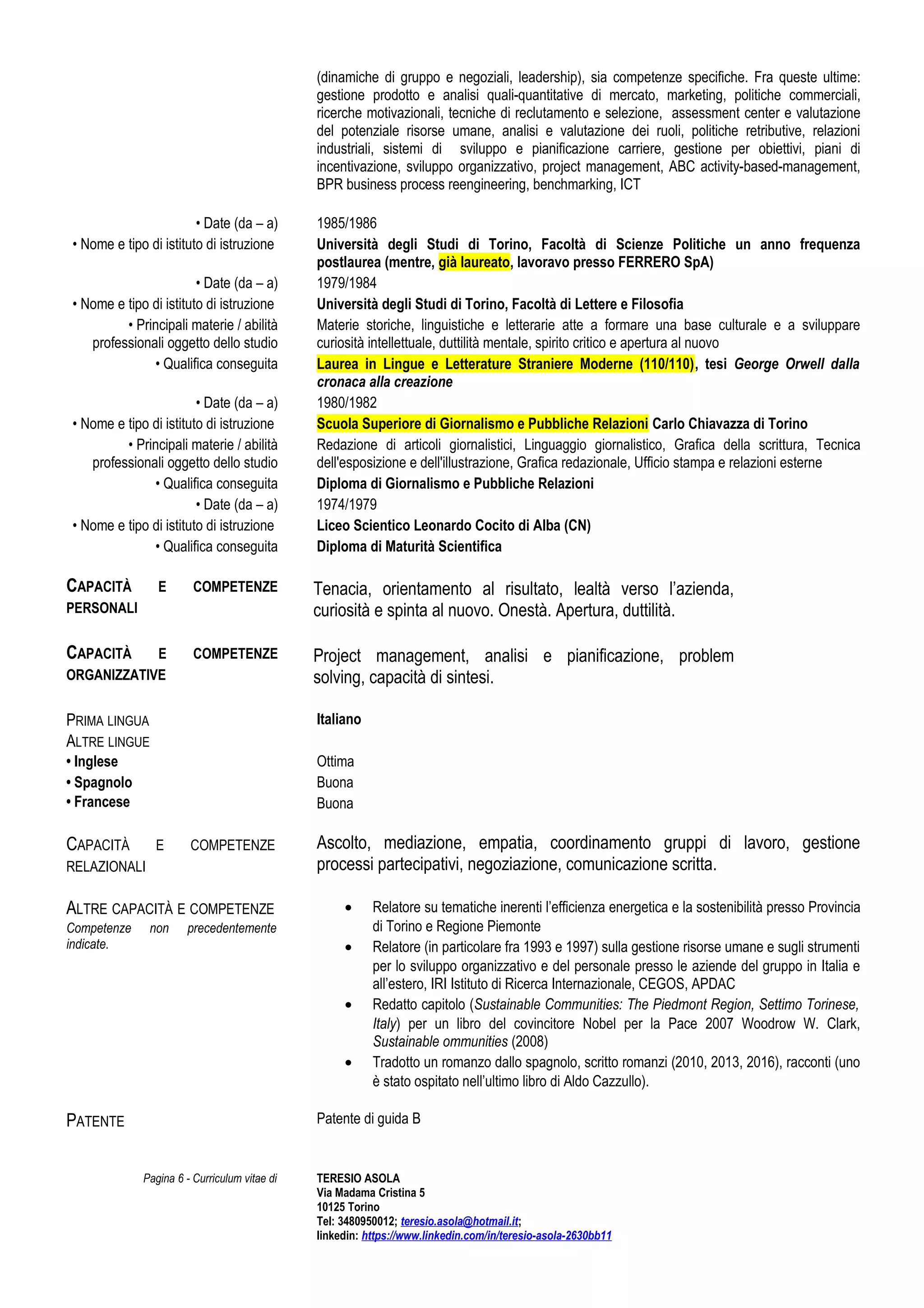 Curriculum vitae Teresio Asola | DOC