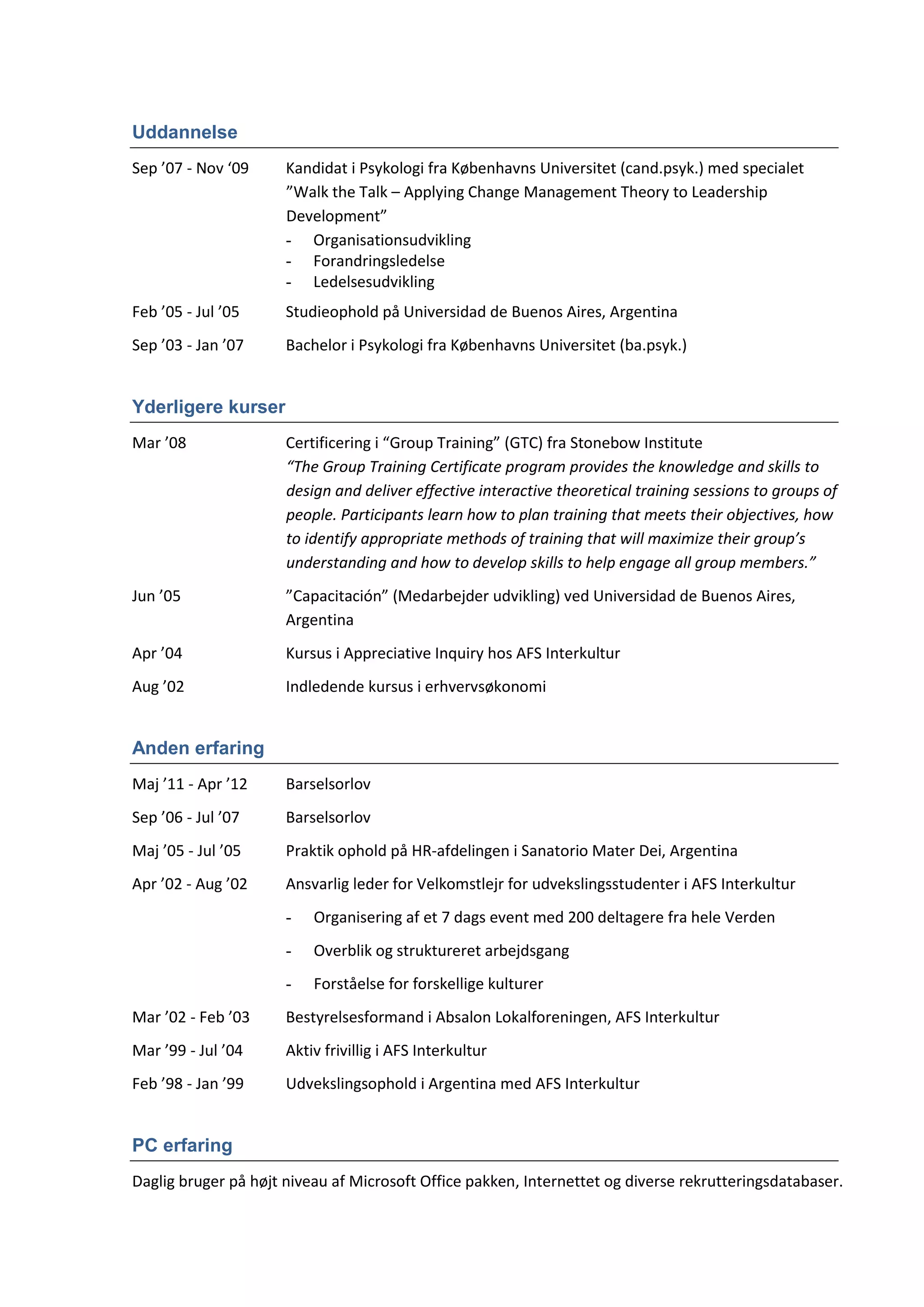 Curriculum Vitæ (Dansk) Lise Sustmann Allen | DOCX