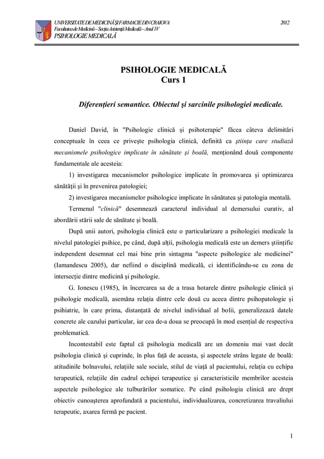 Curs 1 psihologie medicala introducere (1) | PDF