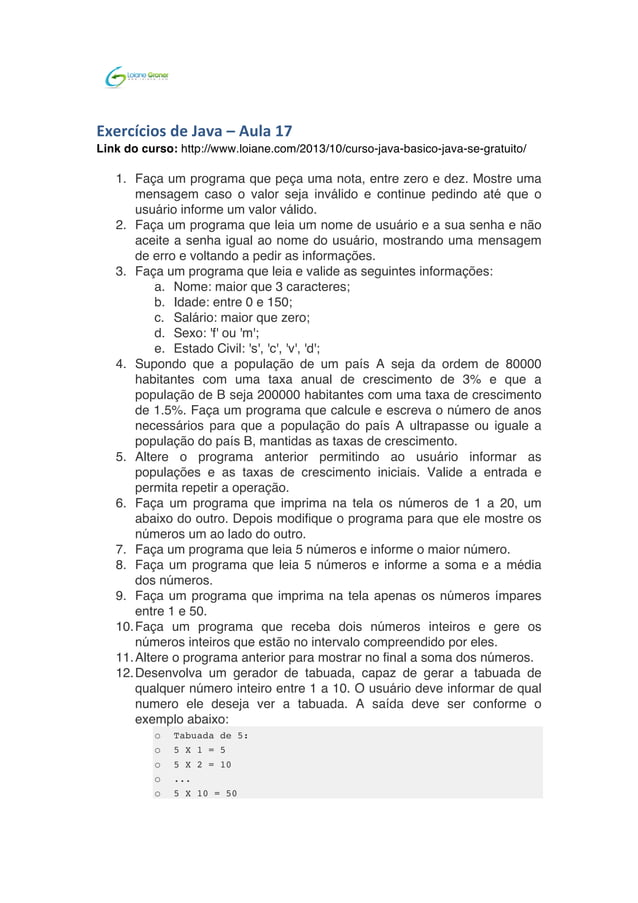 [Curso Java Basico] Exercicios Aulas 16 17 | PDF