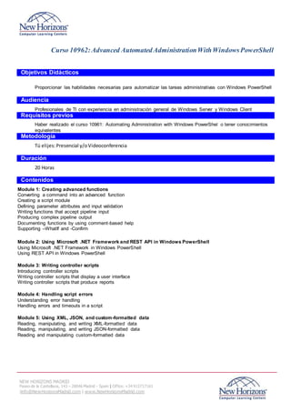 Curso 10962 Advanced Automated Administration with Windows Powershell - NEW HORIZONS MADRID | DOCX