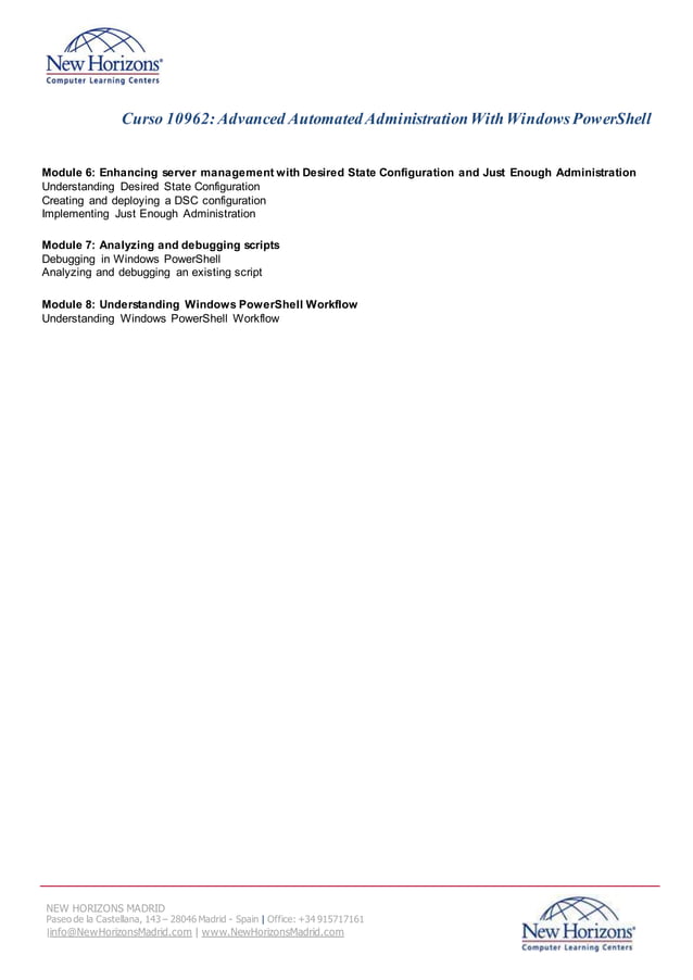 Curso 10962 Advanced Automated Administration with Windows Powershell - NEW HORIZONS MADRID | DOCX