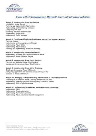 Curso 20533 Implementing Microsoft Azure Infrastructure Solutions - NEW HORIZONS MADRID | PDF