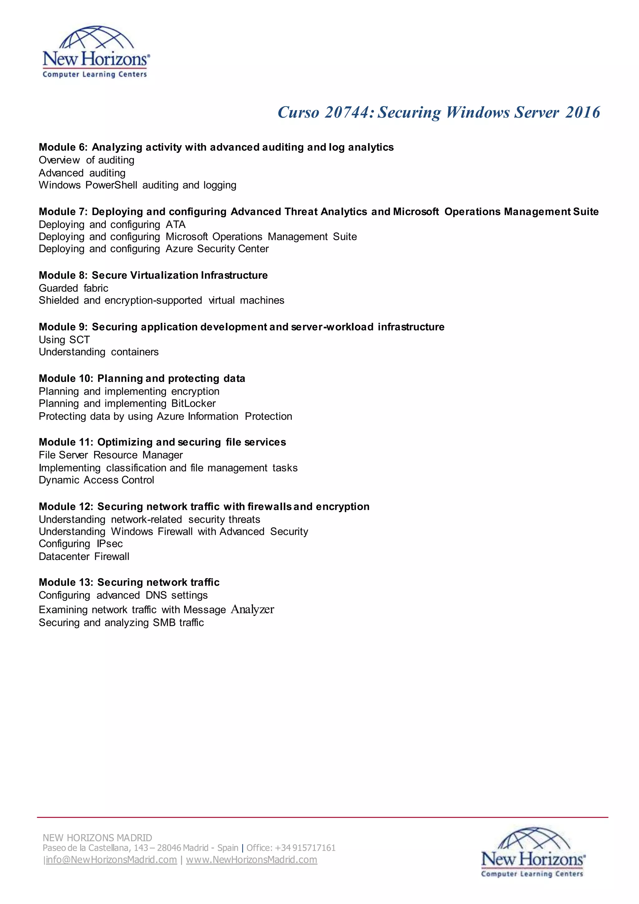 Curso 20744 Securing Windows Server 2016 - NEW HORIZONS MADRID | DOCX
