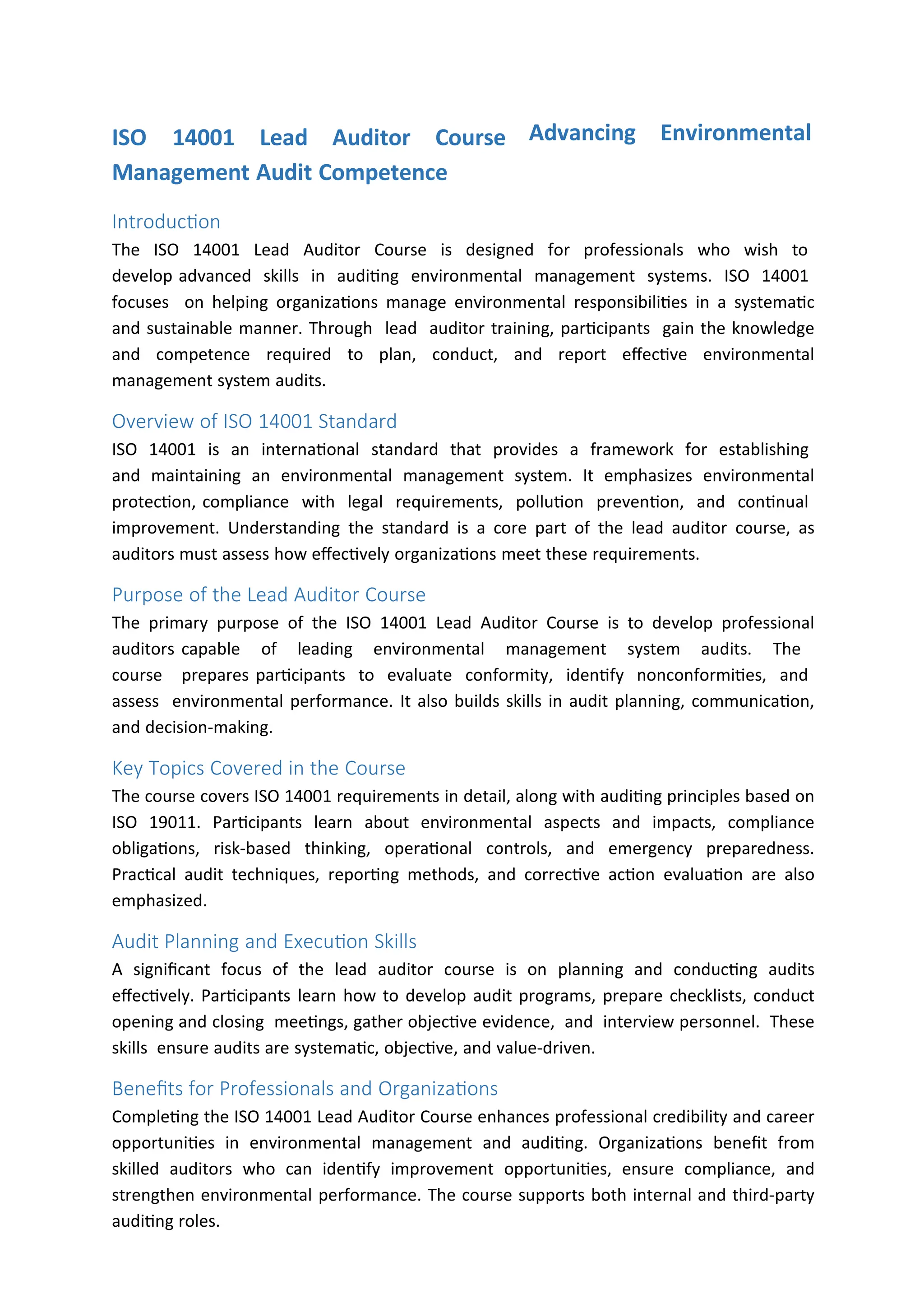 ISO 14001 Lead Auditor Course Enhancing Environmental Management System ...
