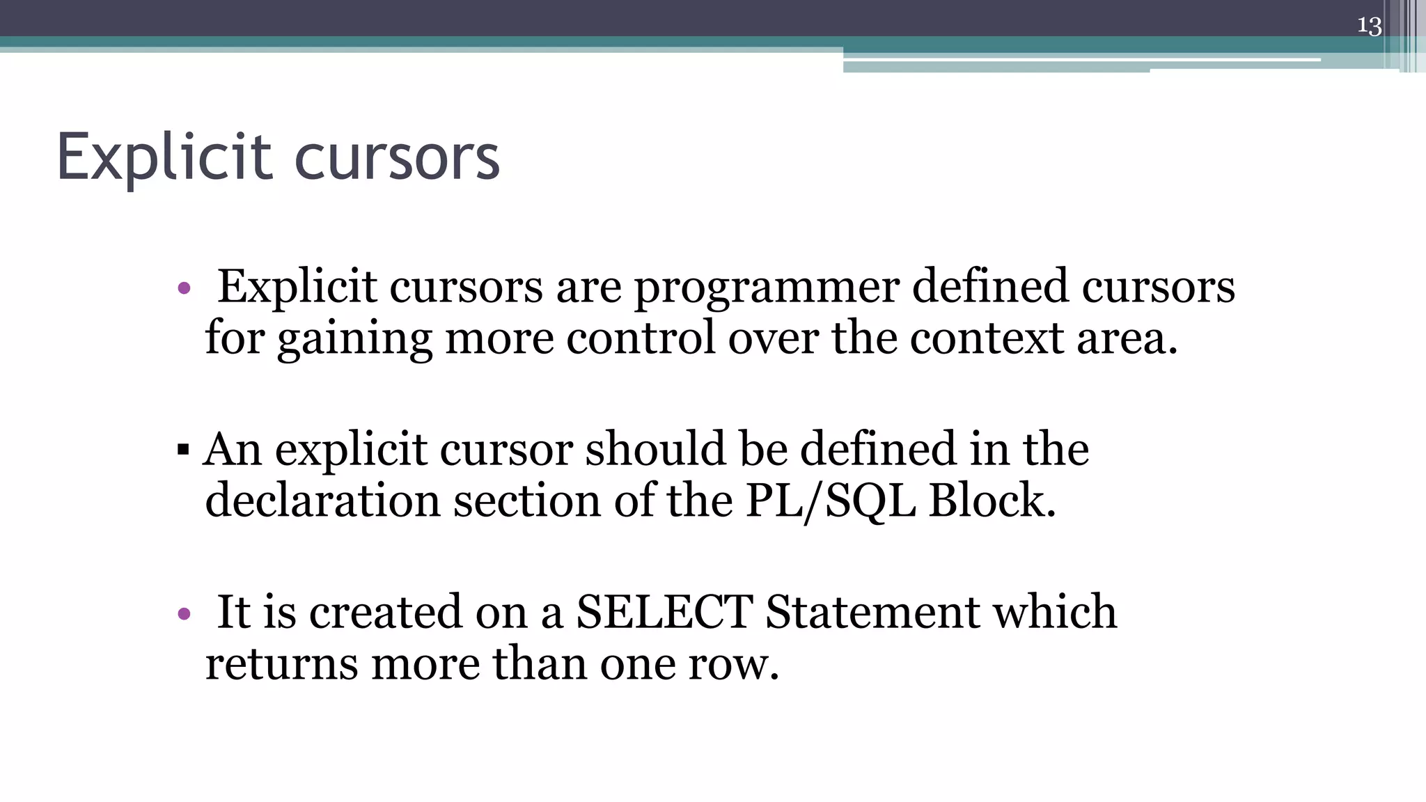 Cursors | PPTX | Databases | Computer Software and Applications