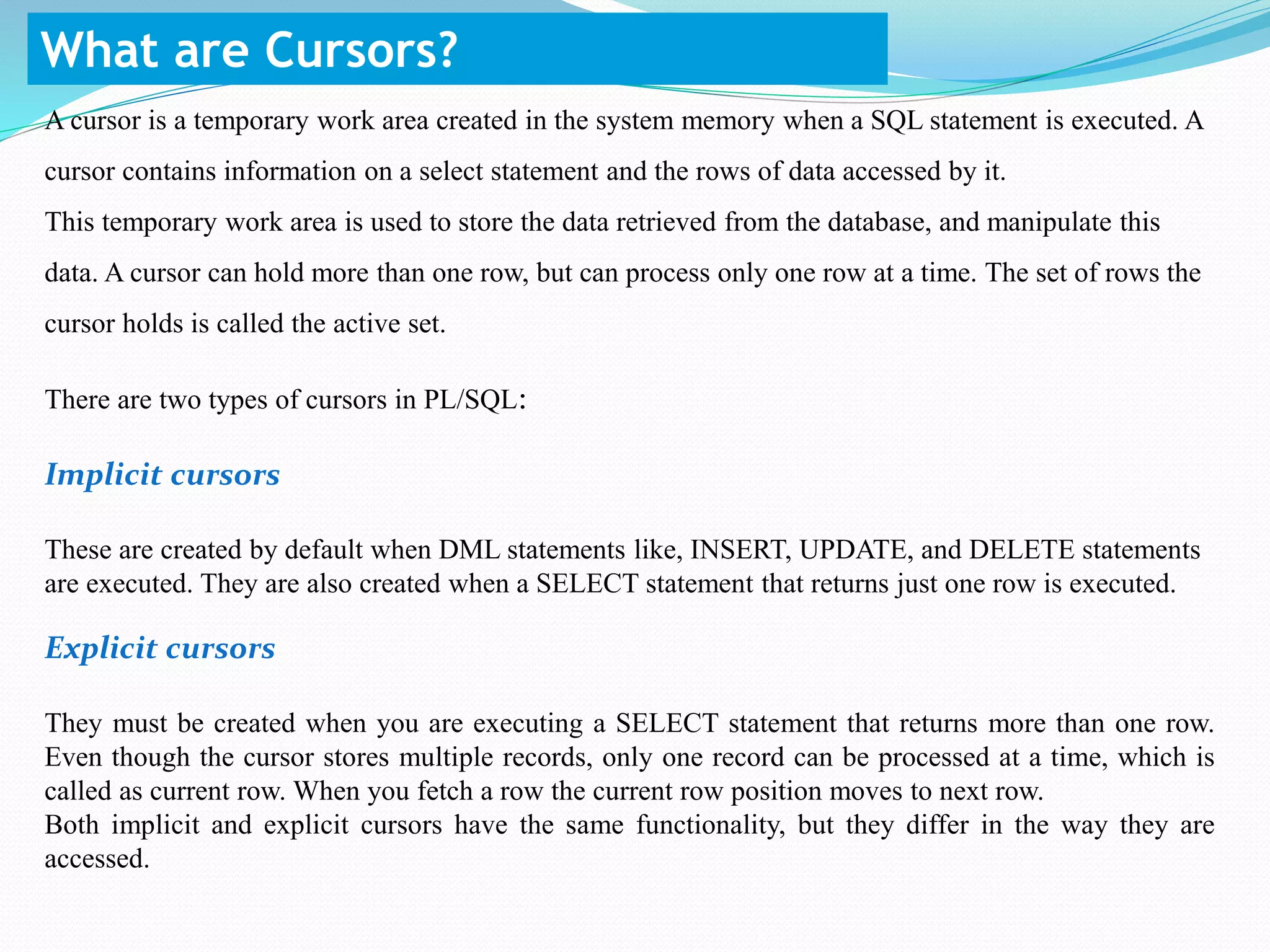 Cursors, triggers, procedures | PPTX