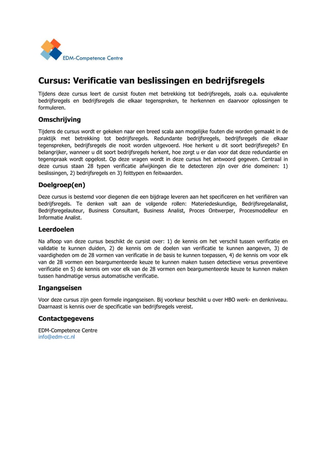 Cursusbeschrijving verificatie van beslissingen en bedrijfsregels | PDF