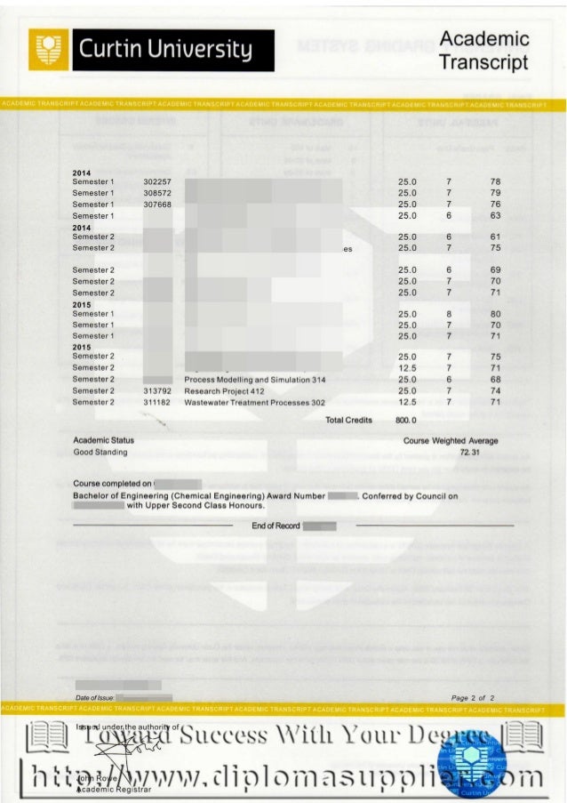 Curtin University academic transcript