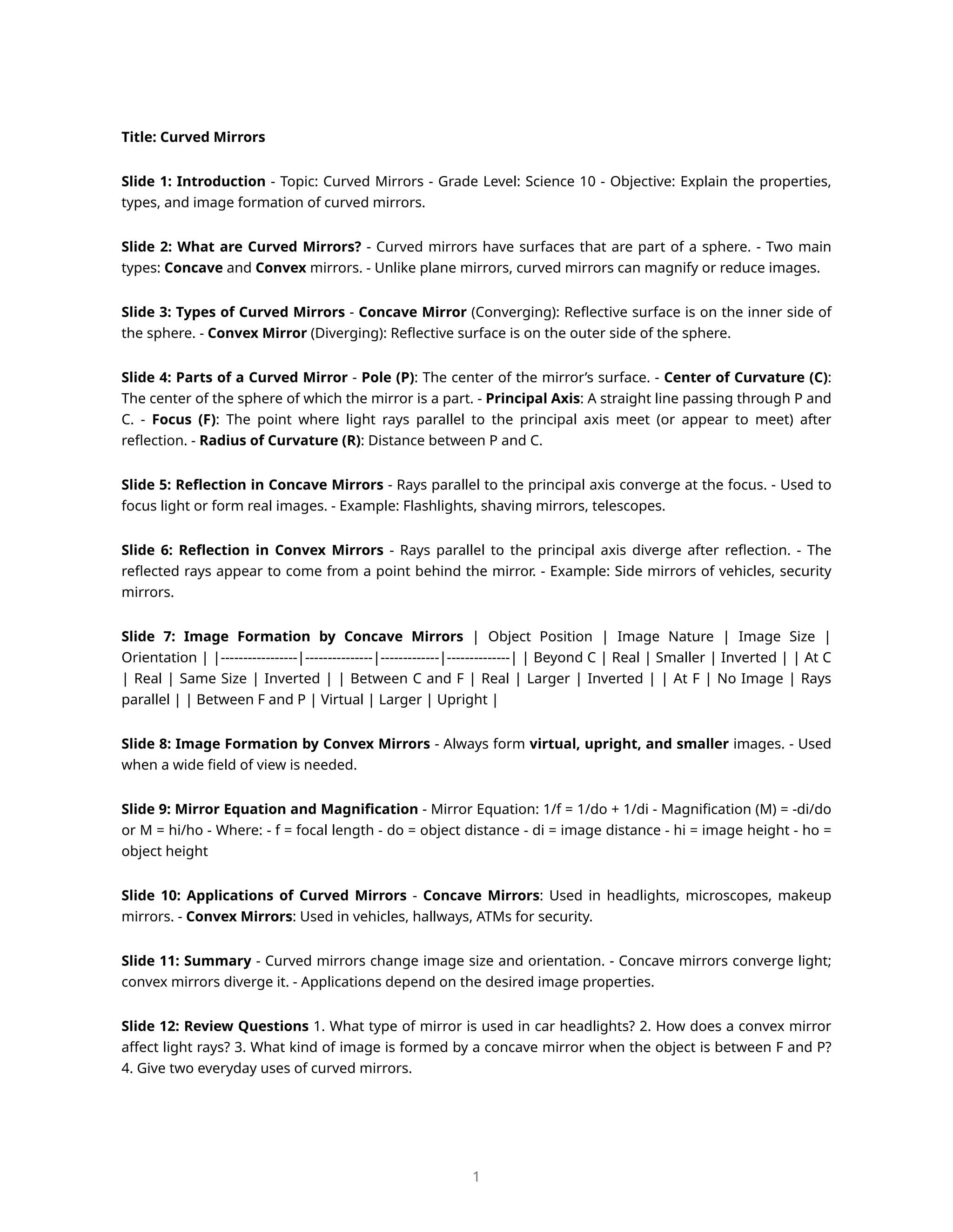 Curved Mirrors.pdf presentation for curved mirrors | PDF
