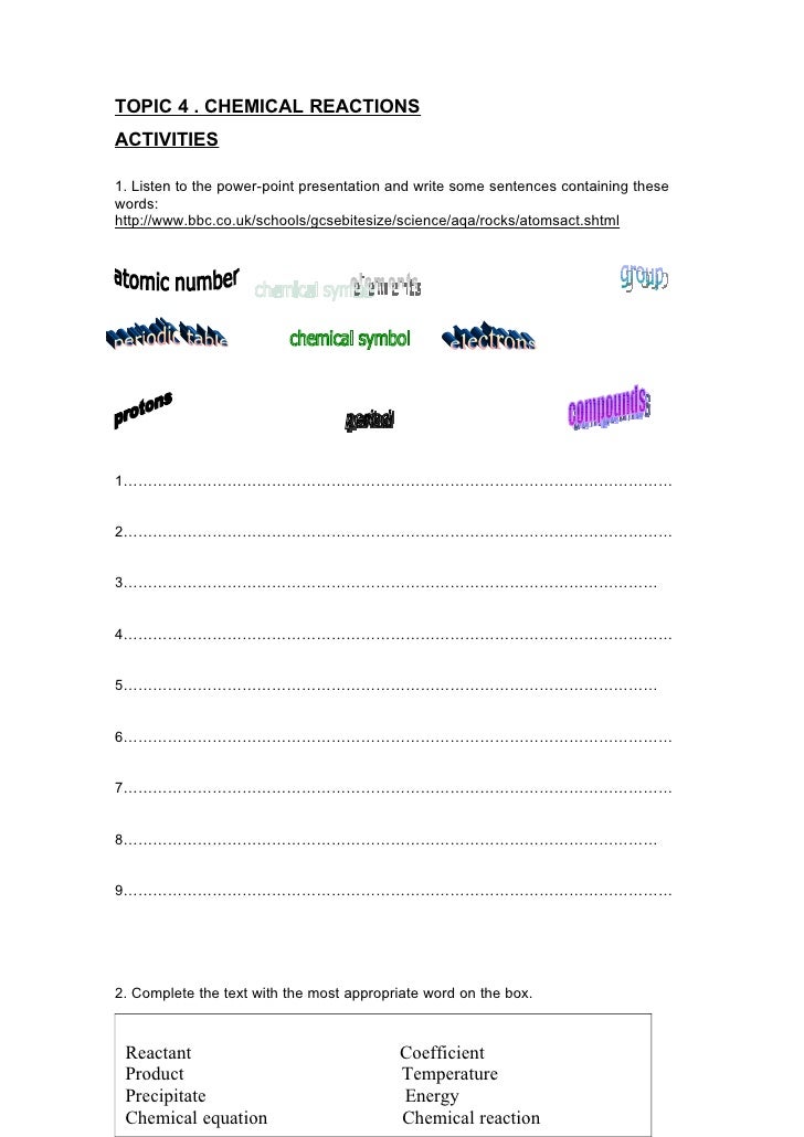 TOPIC 4. CHEMICAL REACTIONS -ACTIVITIES