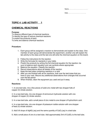 TOPIC 4. CHEMICAL REACTIONS -LAB | PDF