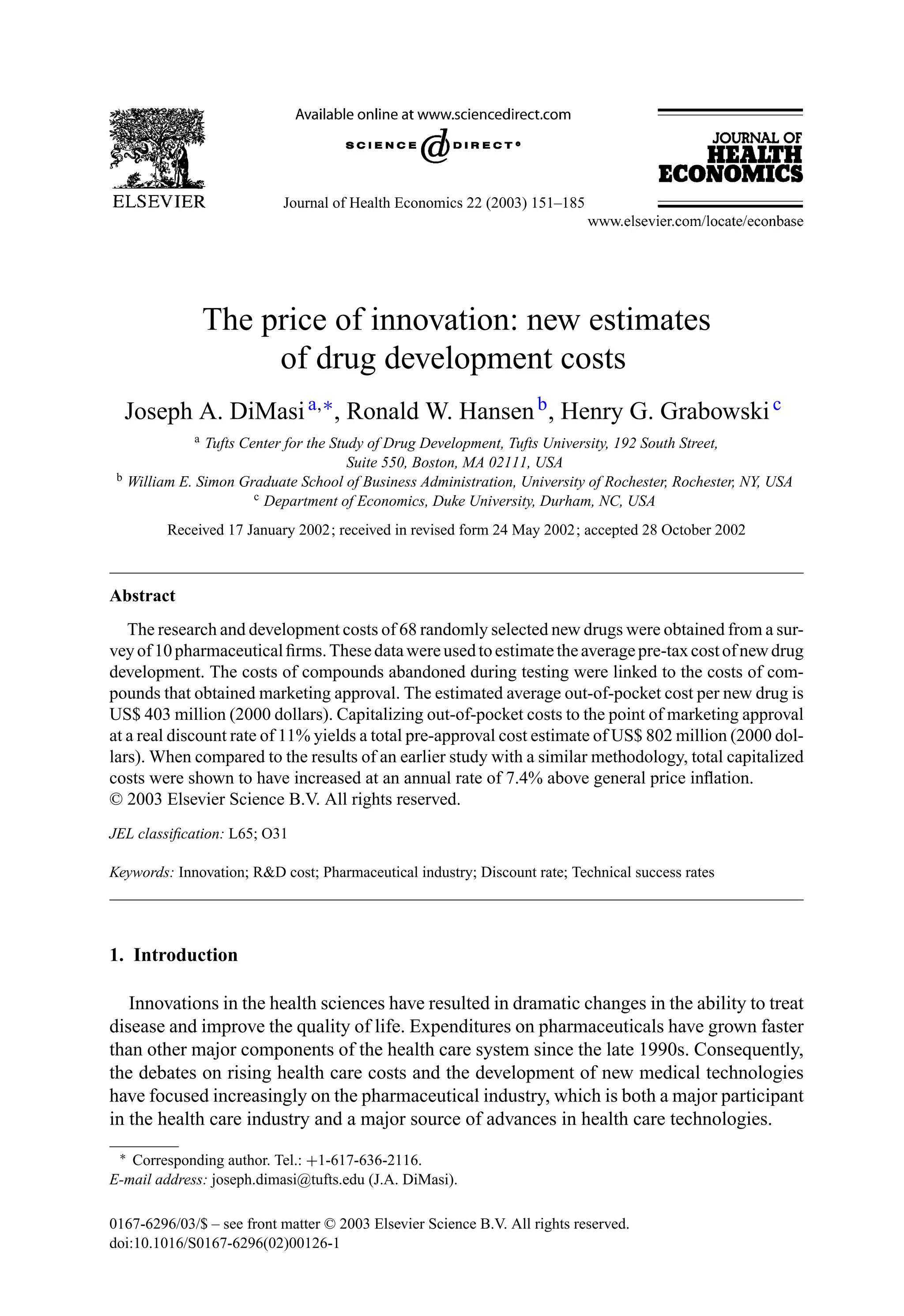 The Price Of Innovation New Drug Development Cost 2003 | PDF