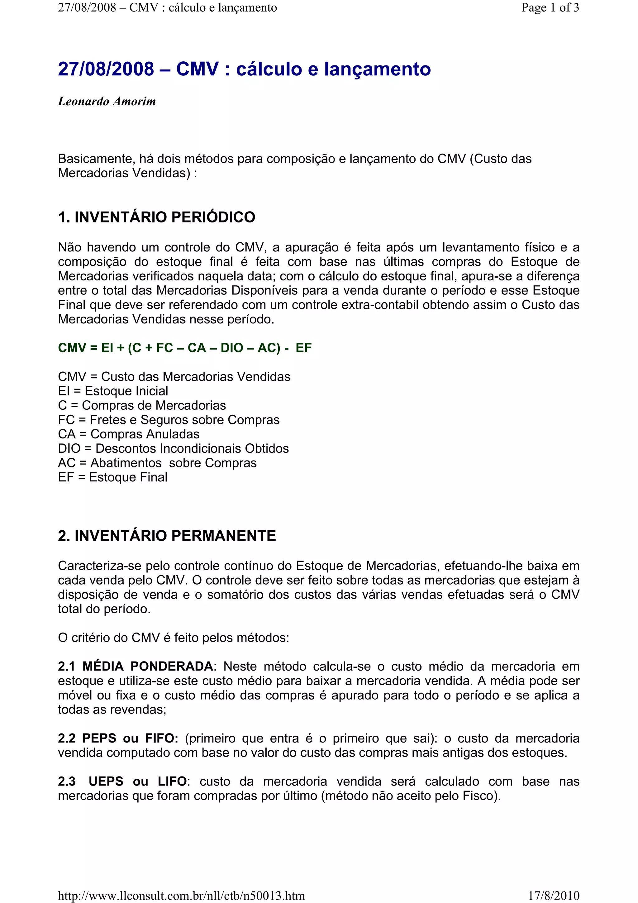 Custo das mercadoria vendidas cálculo e lançamento | PDF