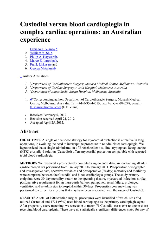 Custodiol versus blood cardioplegia in complex cardiac operations | DOCX | Heart and ...
