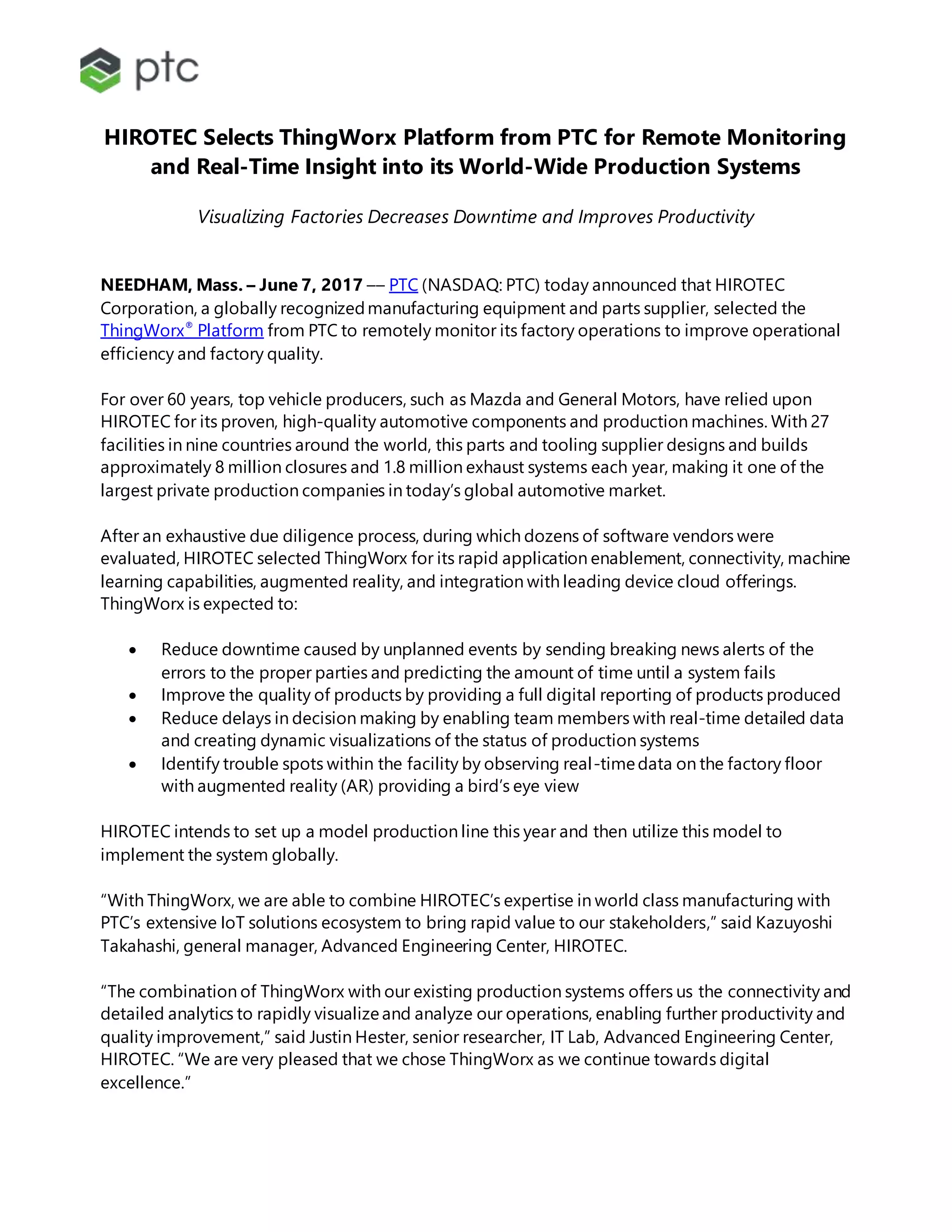 HIROTEC Selects ThingWorx Platform from PTC for Remote Monitoring and ...