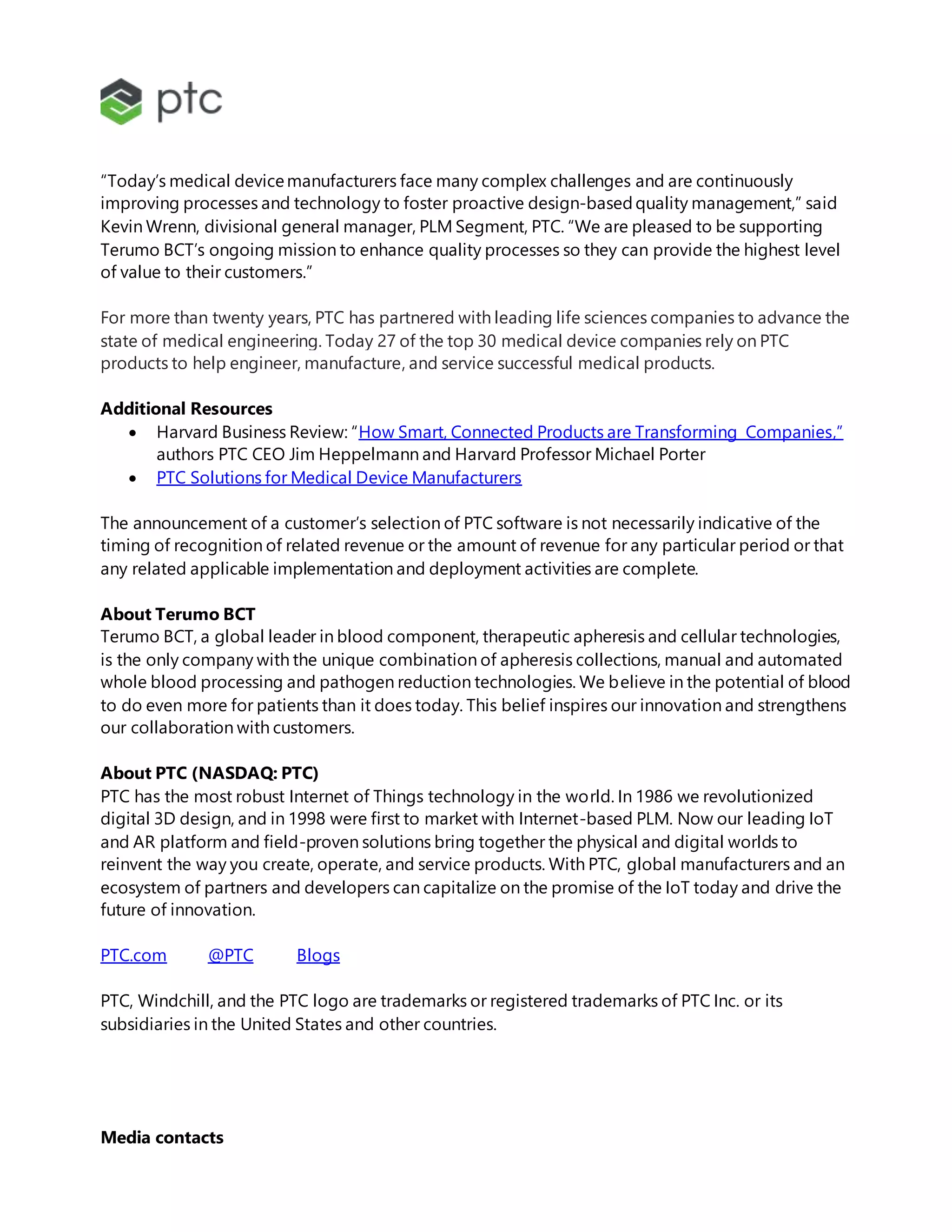 Terumo BCT Selects Windchill Quality Management to Enhance Global Quality Processes | PDF