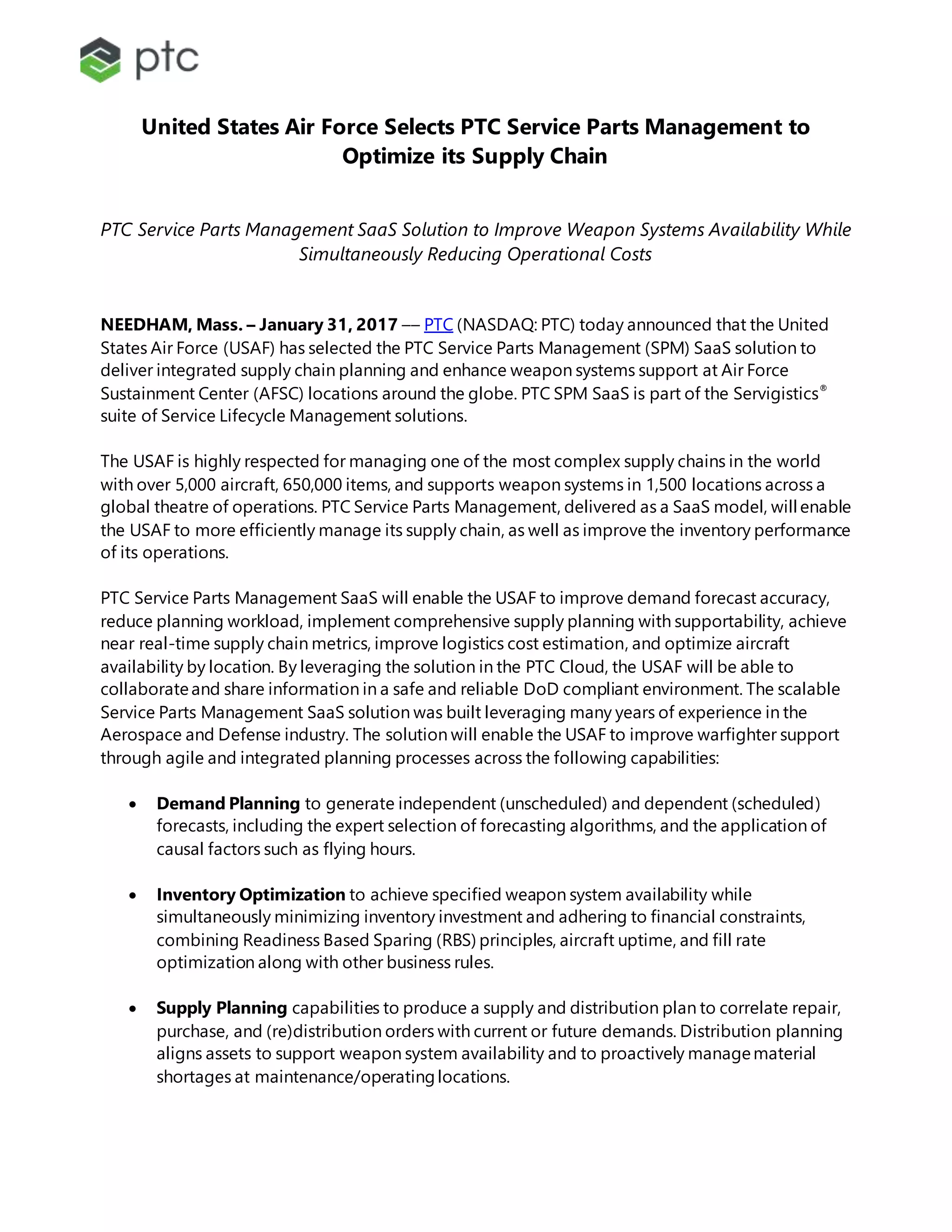 United States Air Force Selects PTC Service Parts Management to ...