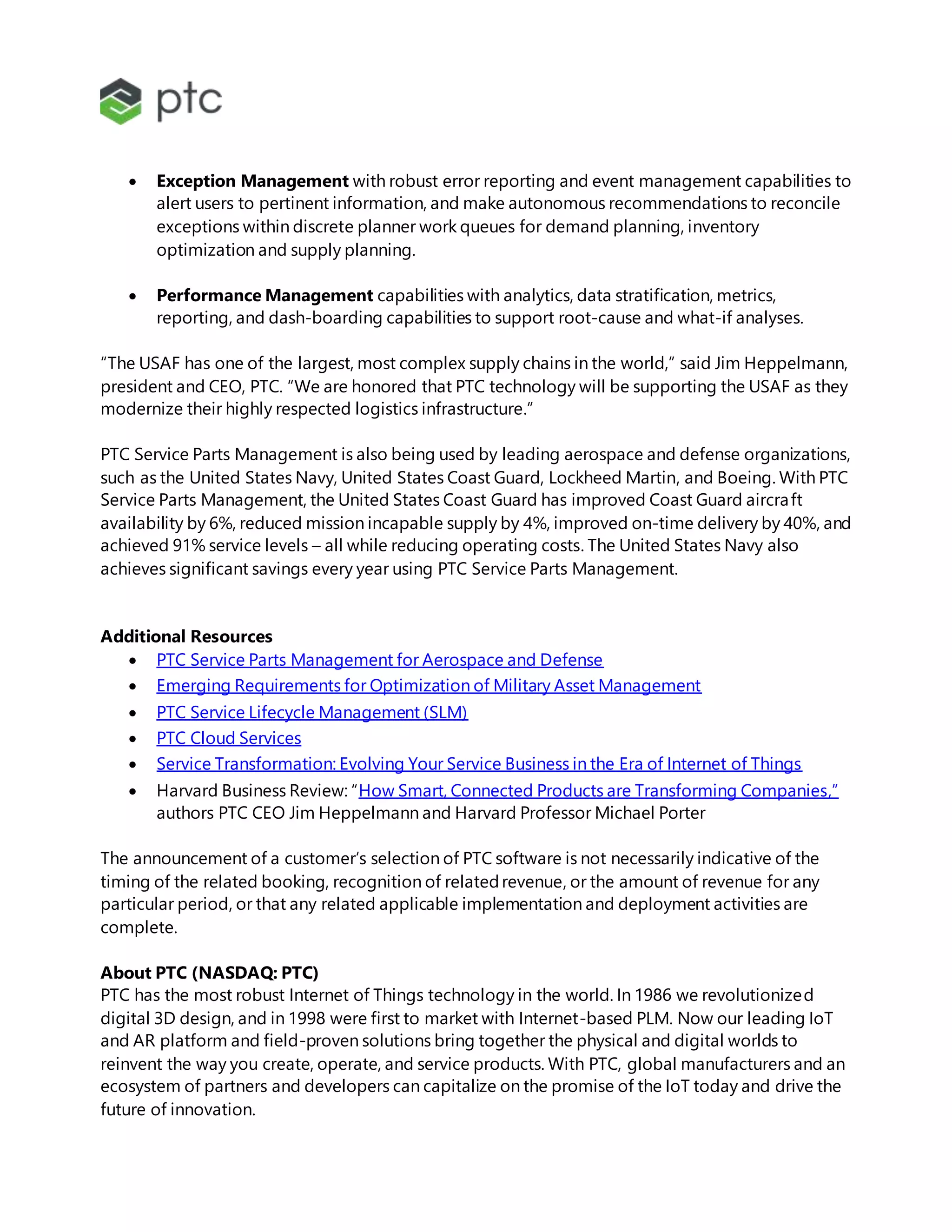 United States Air Force Selects PTC Service Parts Management to ...