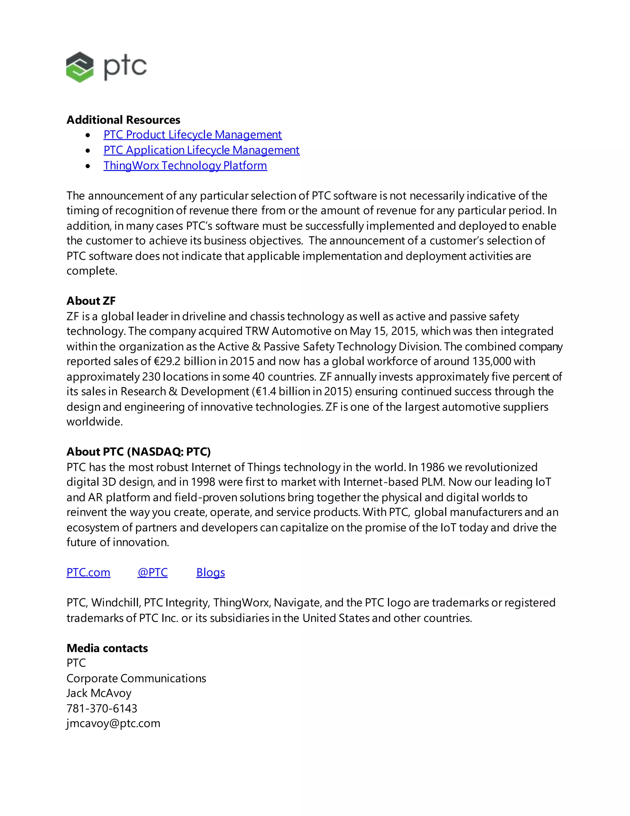 ZF Friedrichshafen Selects PTC PLM Enterprise Solutions and ThingWorx Technology | DOCX